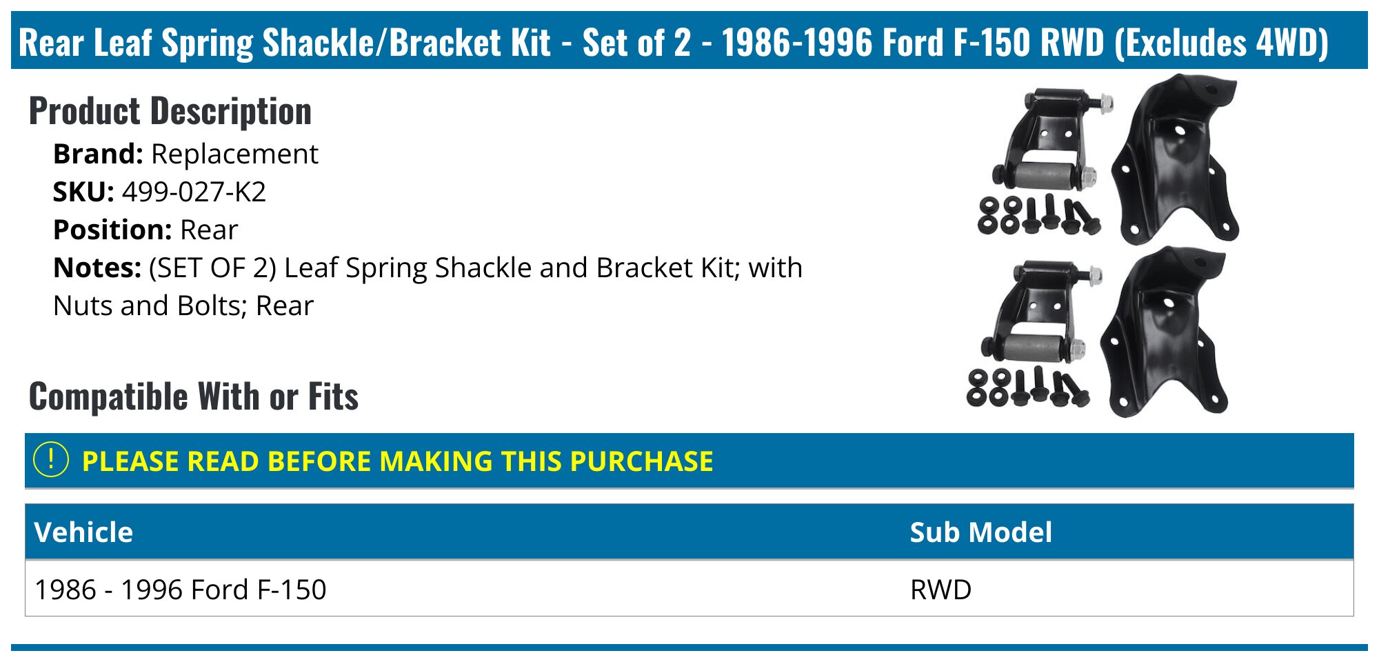 1986-1996 Ford F150 Leaf Spring Shackle - Replacement 499-027-K2 - Rear ...