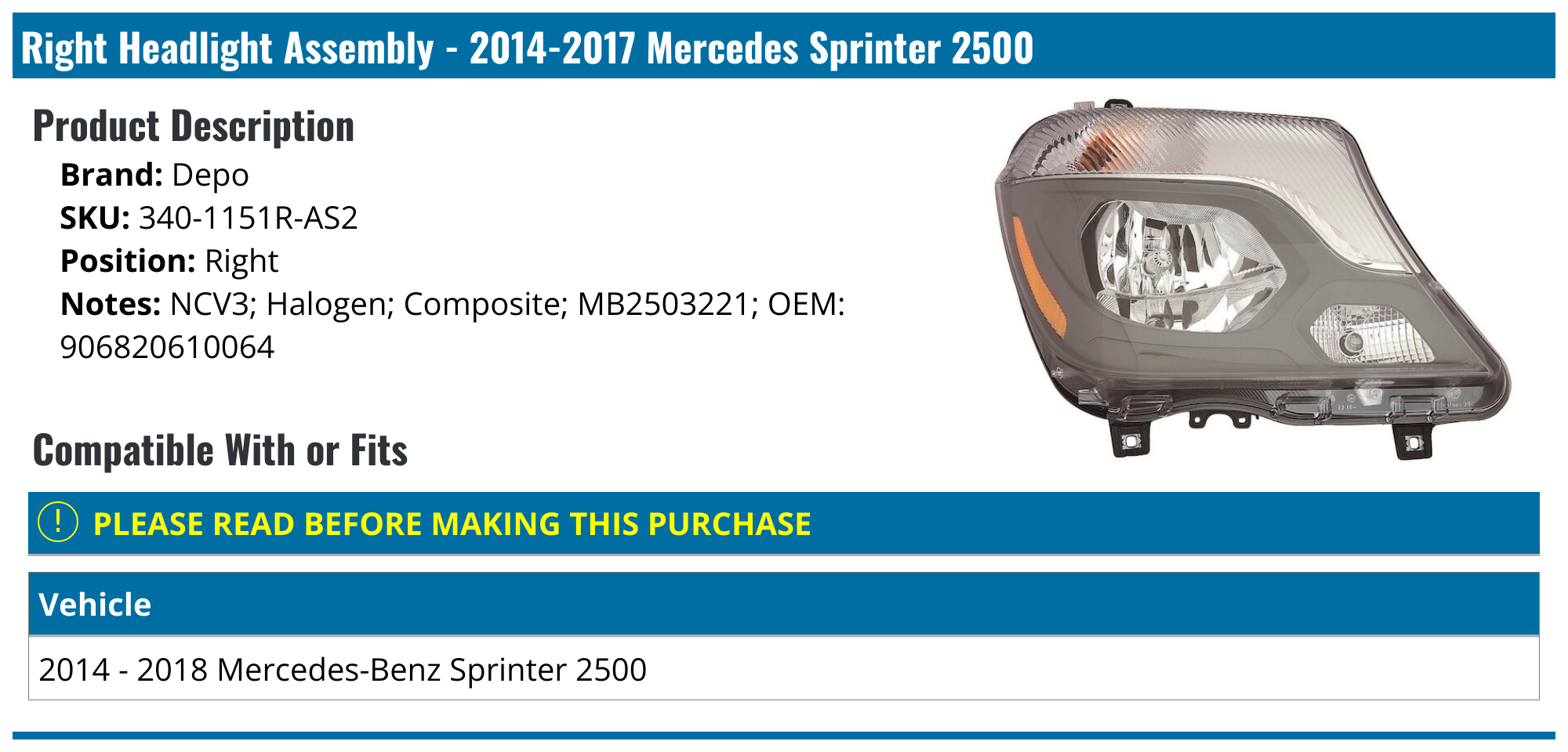 2014-2018 Mercedes Sprinter 2500 Headlight Assembly - Depo 340-1151R ...