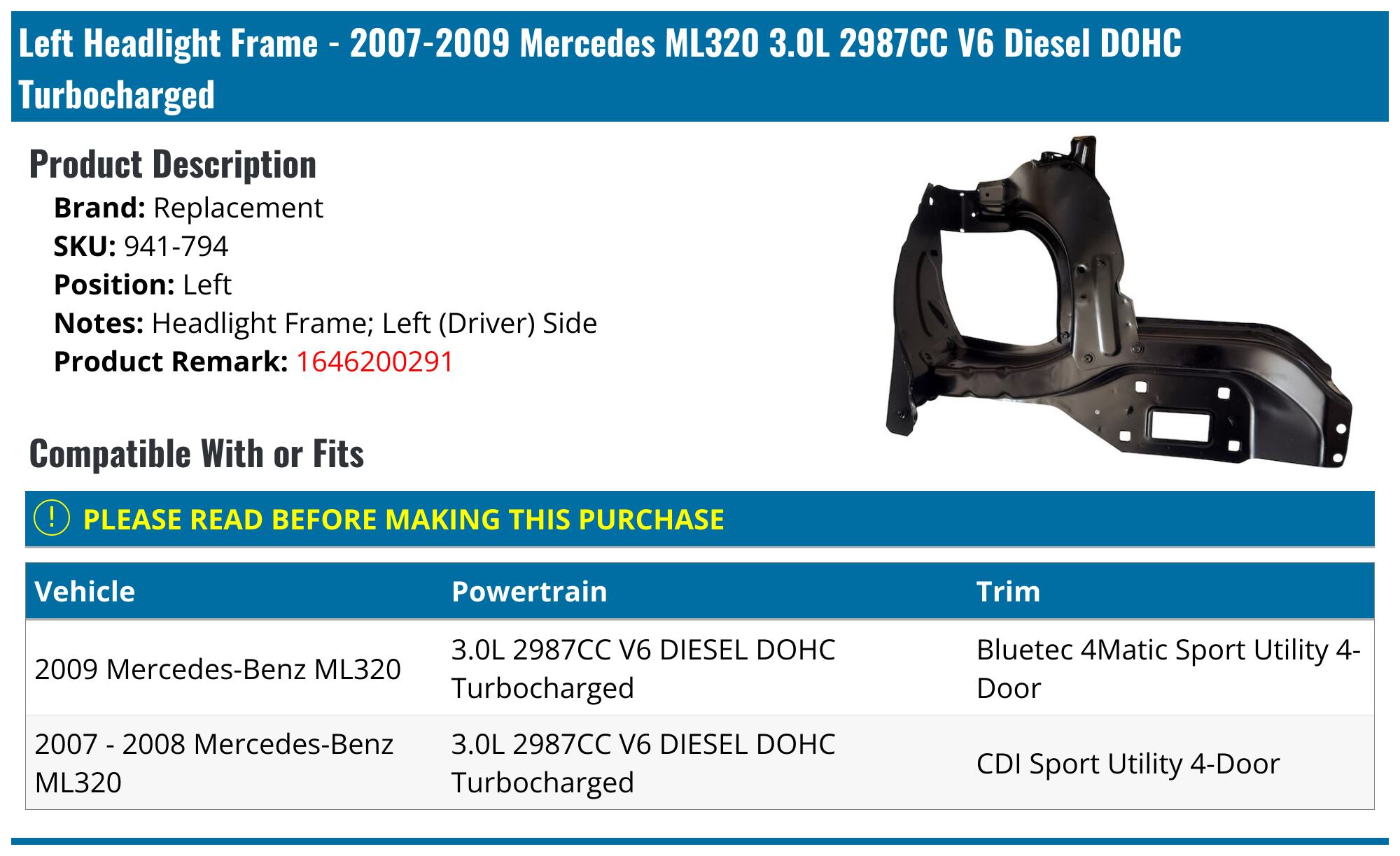 2007-2009 Mercedes ML320 Headlight Frame - Replacement 941-794 - Left ...