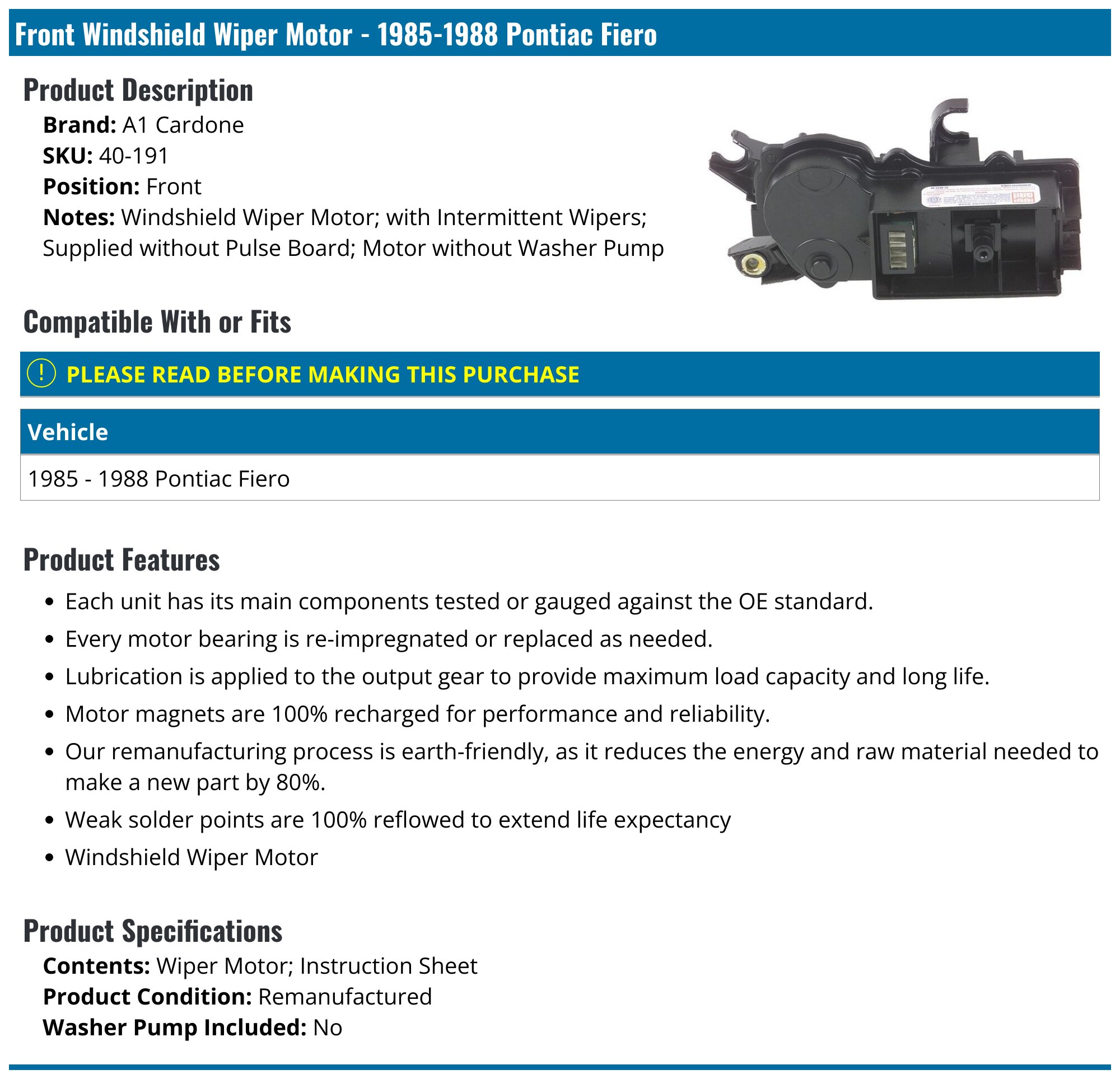 1985-1988 Pontiac Fiero Windshield Wiper Motor - A1 Cardone 40-191 ...
