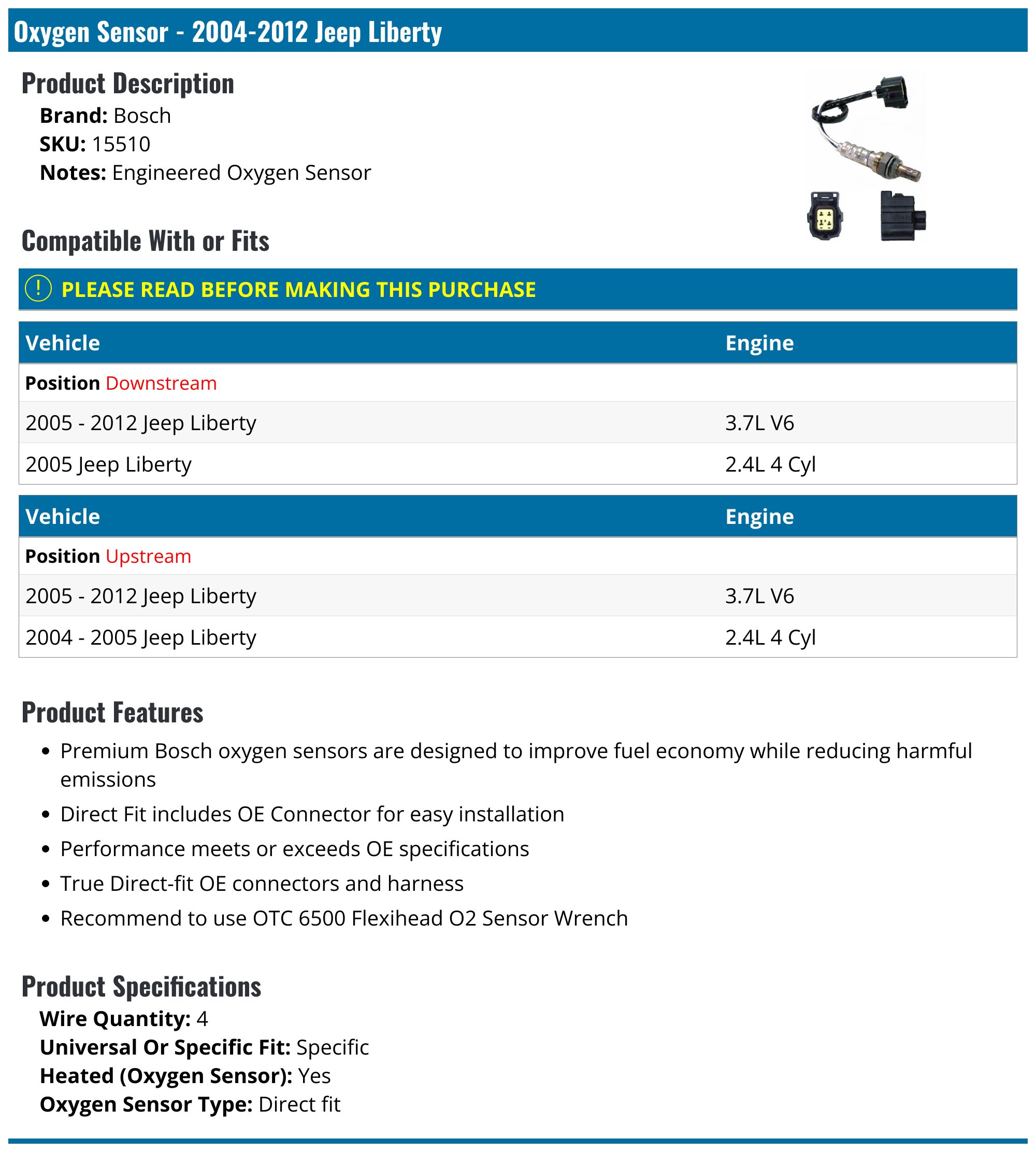 2004-2012 Jeep Liberty Oxygen Sensor - Bosch 15510 - Upstream ...