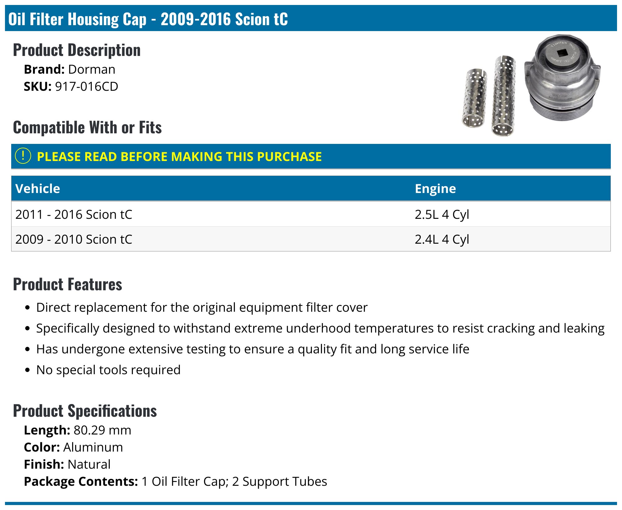 2009-2016 Scion tC Oil Filter Housing Cap - Dorman 917-016CD ...