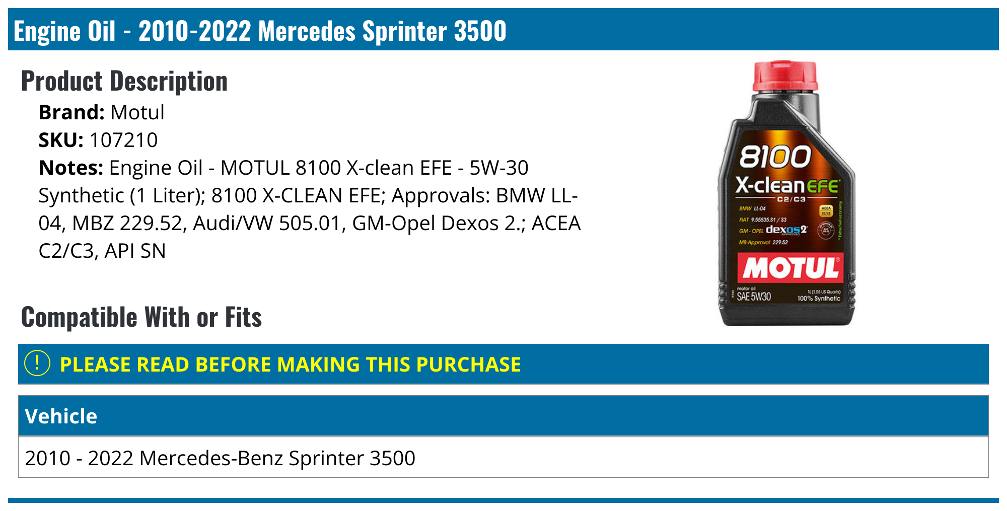 2010-2025 Mercedes Sprinter 3500 Engine Oil - Motul 107210 - PartsGeek.com