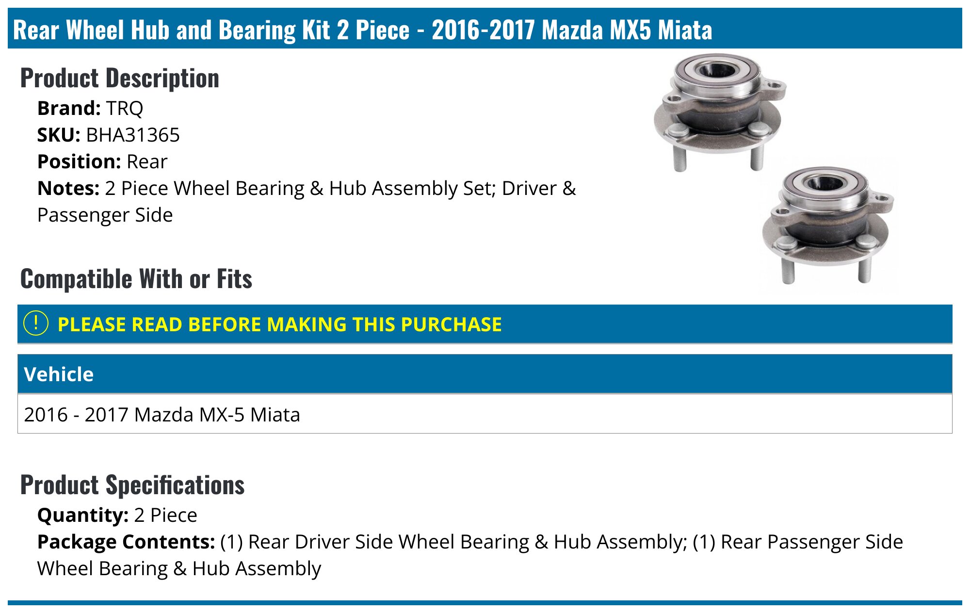 2016-2022 Mazda MX5 Miata Wheel Hub Assembly - TRQ BHA31365 - Rear ...