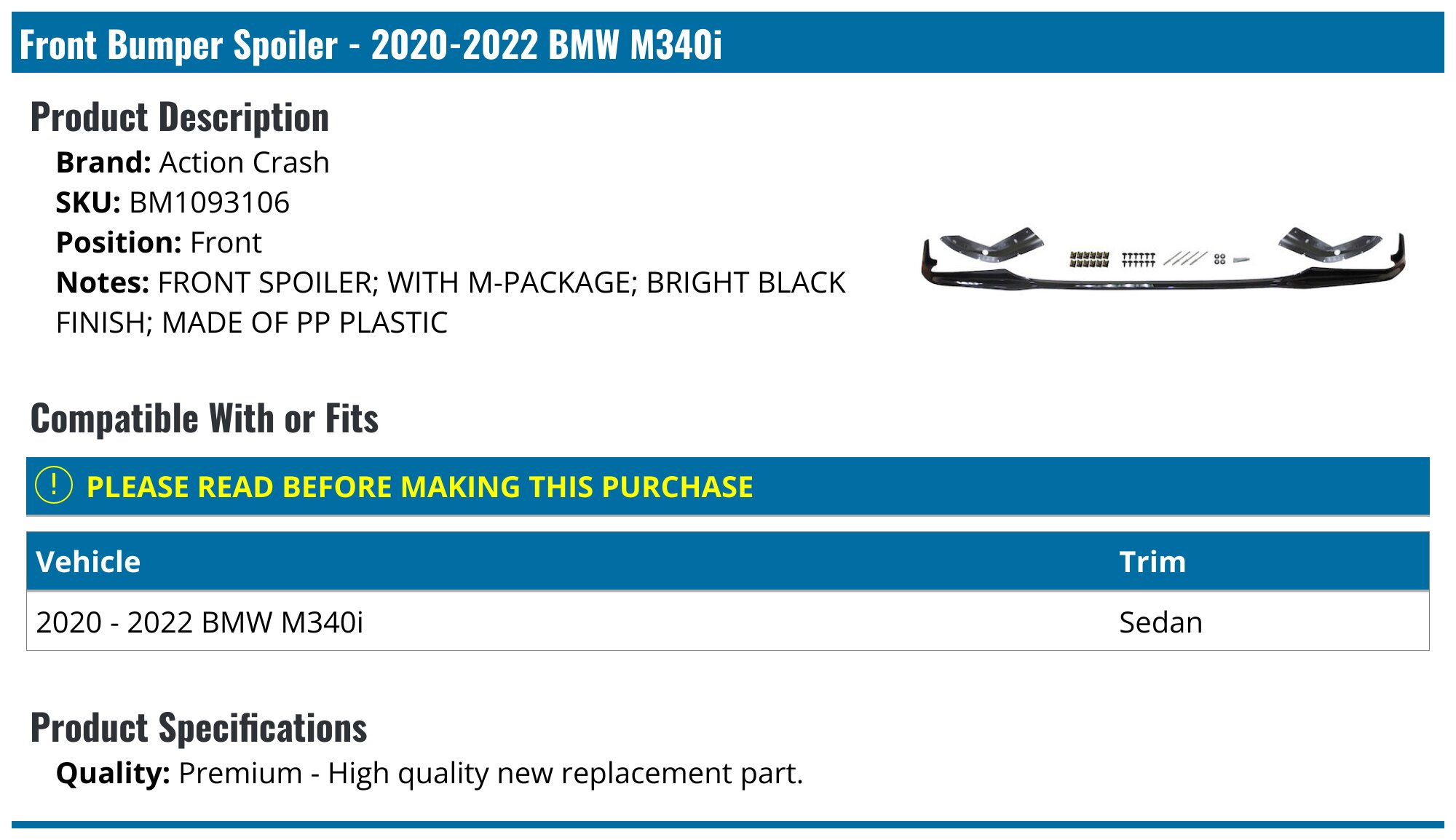 2020-2022 BMW M340i Bumper Spoiler - Action Crash BM1093106 - Front ...