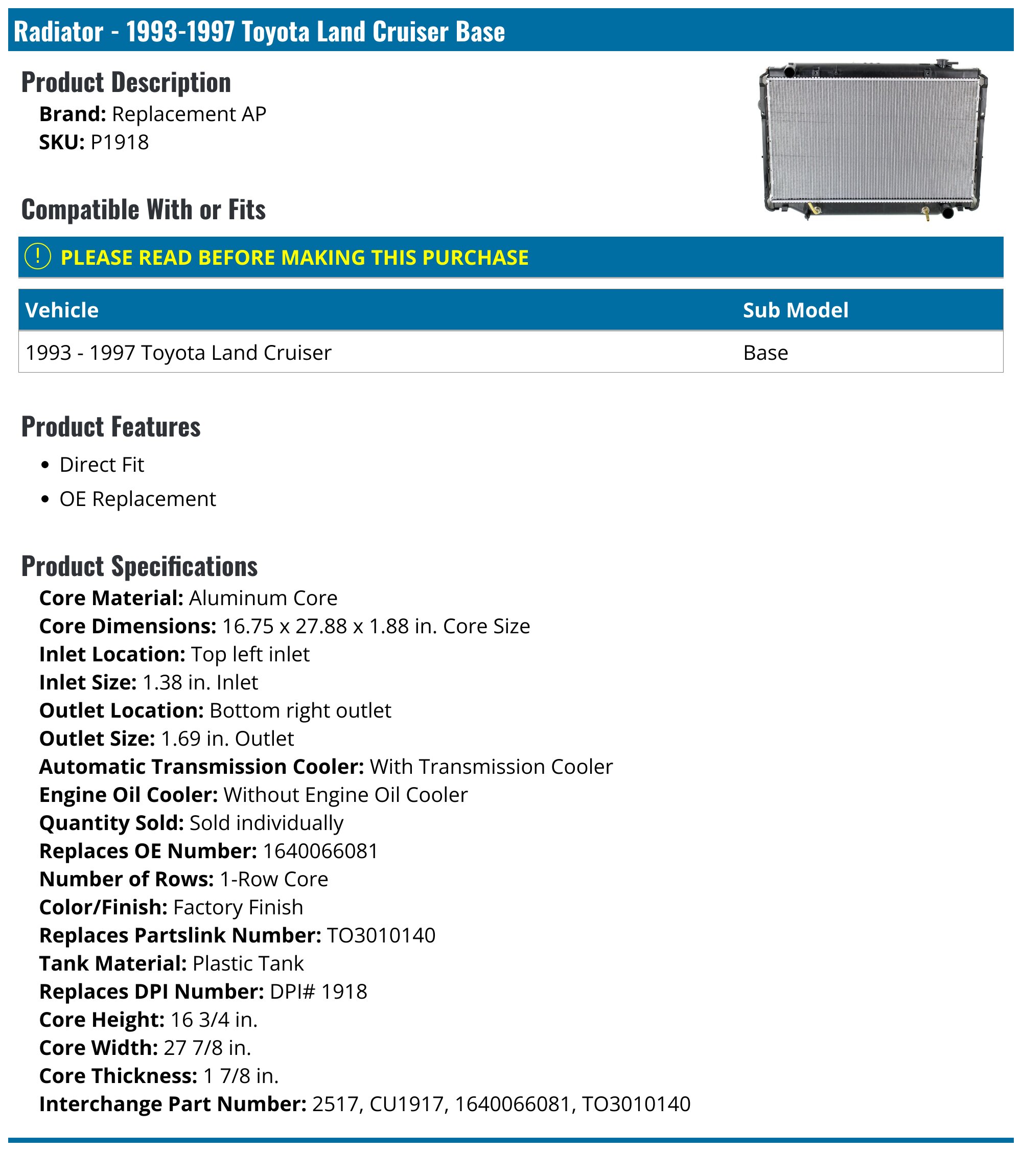 1993-1997 Toyota Land Cruiser Radiator - Replacement AP P1918 ...