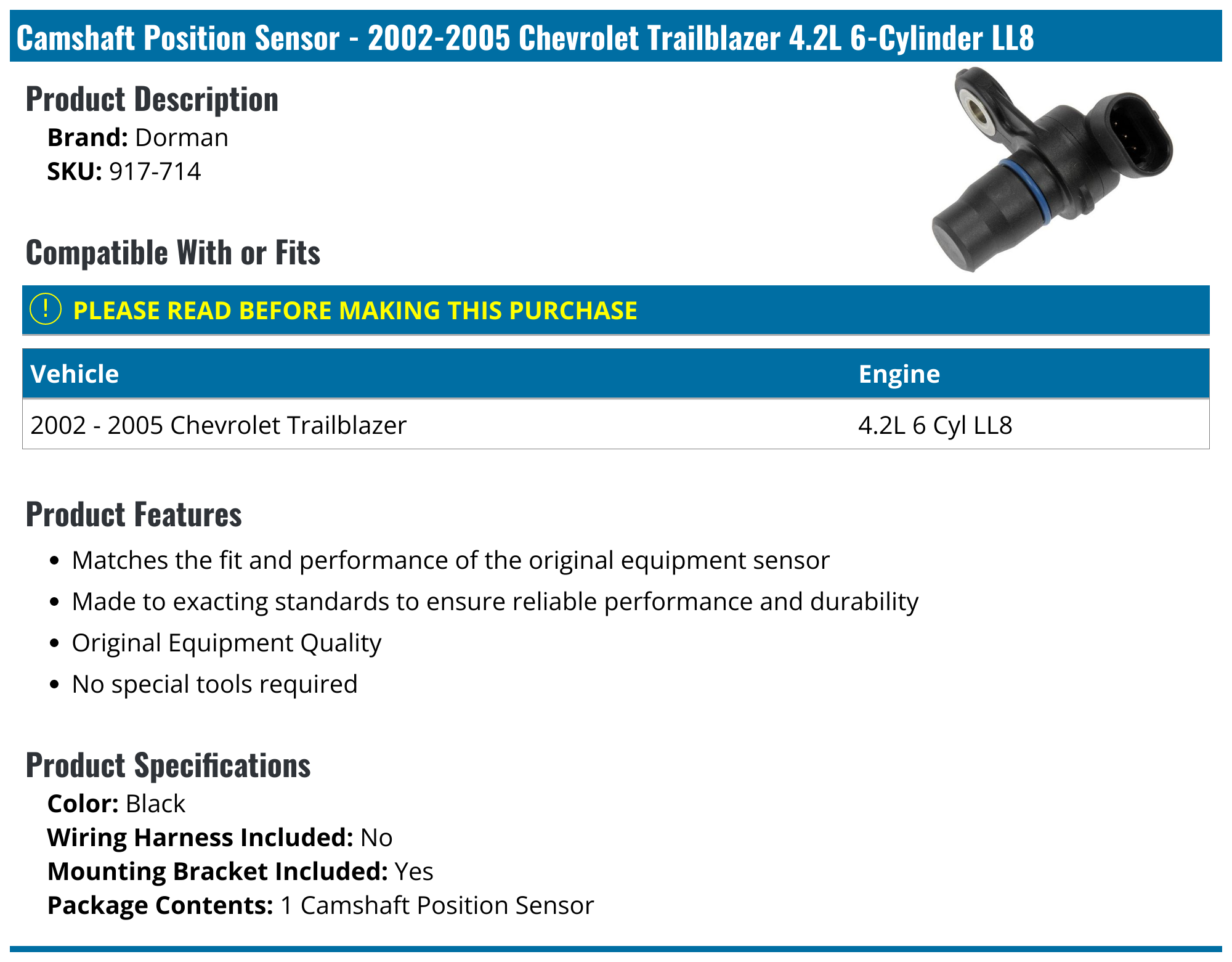 2002-2005 Chevrolet Trailblazer Camshaft Position Sensor - Dorman 917 ...