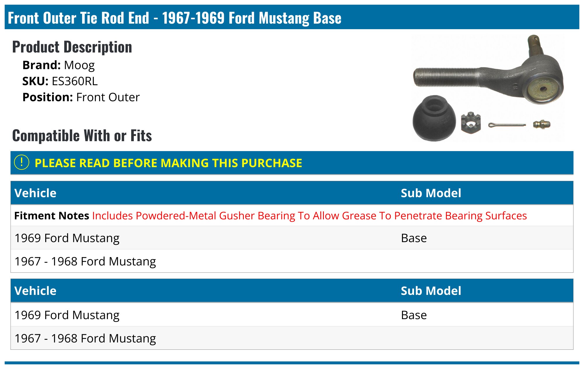 1967-1969 Ford Mustang Tie Rod End - Moog ES360RL - Front Outer ...