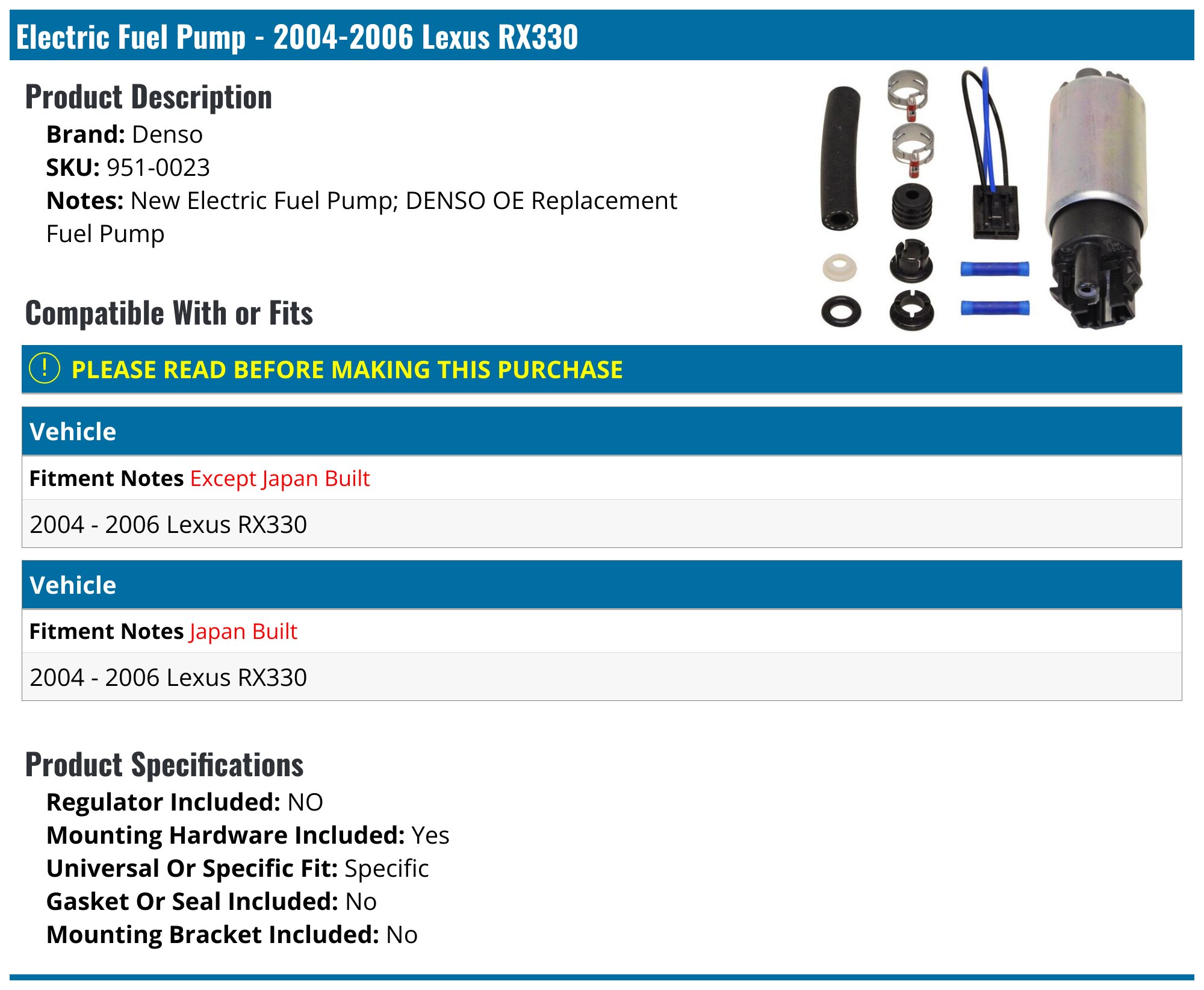 2004-2006 Lexus RX330 Fuel Pump - Denso 951-0023 - PartsGeek.com