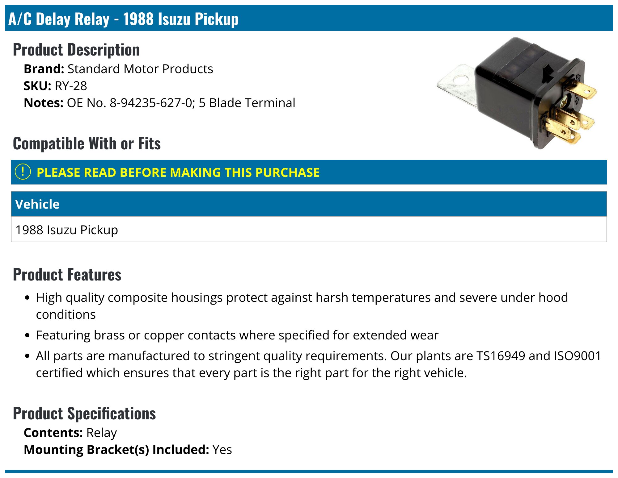 1988 Isuzu Pickup A/C Delay Relay - Standard Motor Products RY-28 ...