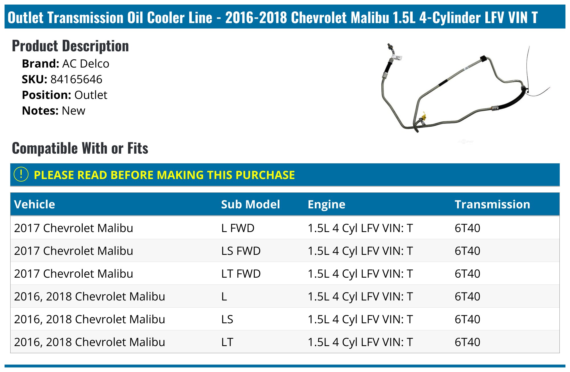 2016-2018 Chevrolet Malibu Transmission Oil Cooler Line - AC Delco ...