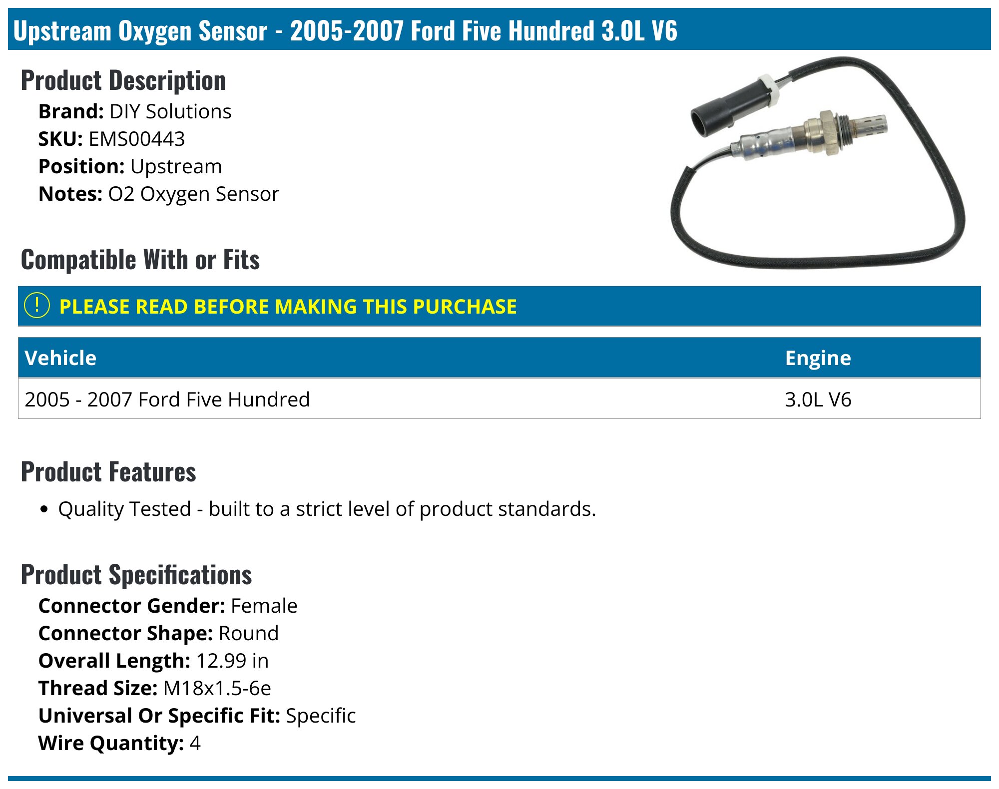 2005-2007 Ford Five Hundred Oxygen Sensor - DIY Solutions EMS00443 ...
