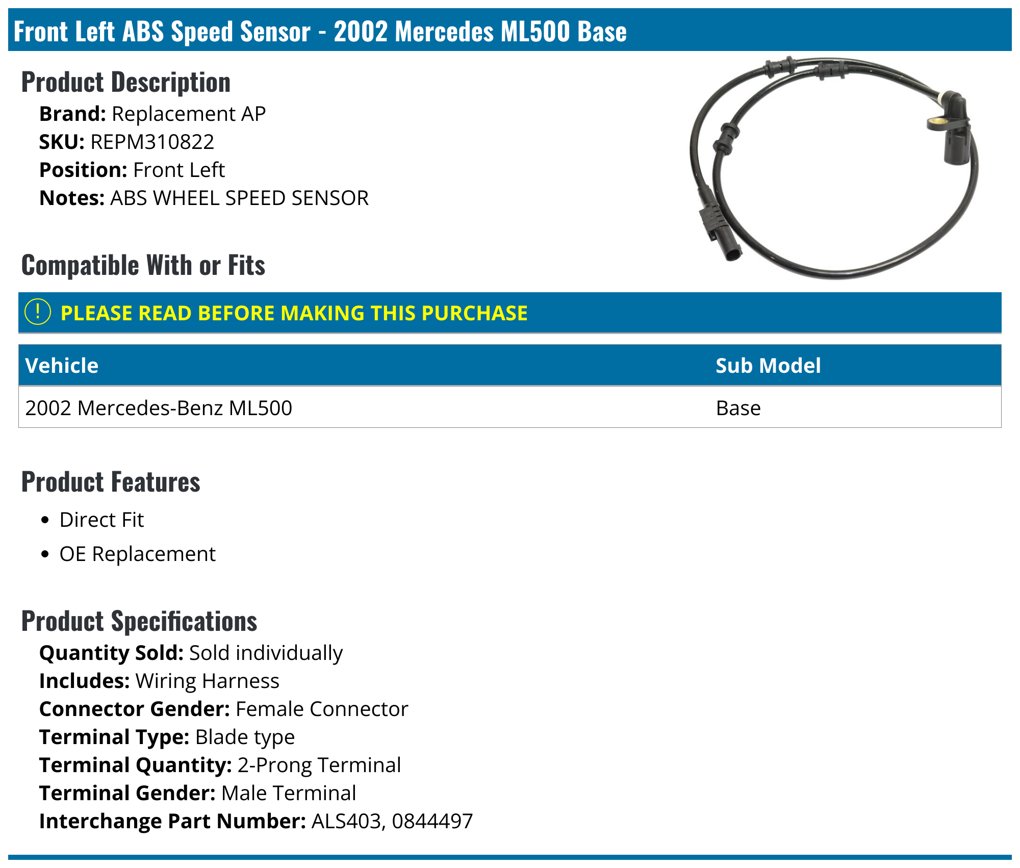 2002 Mercedes ML500 ABS Speed Sensor - Replacement AP REPM310822 ...
