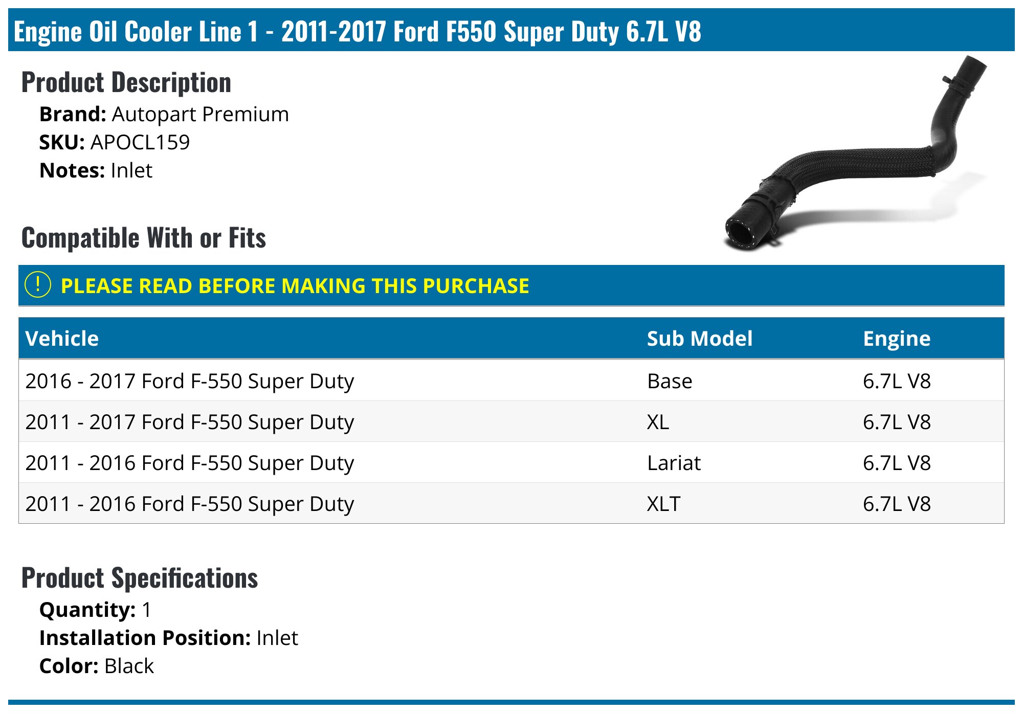 2011-2017 Ford F550 Super Duty Oil Cooler Hose - Autopart Premium ...