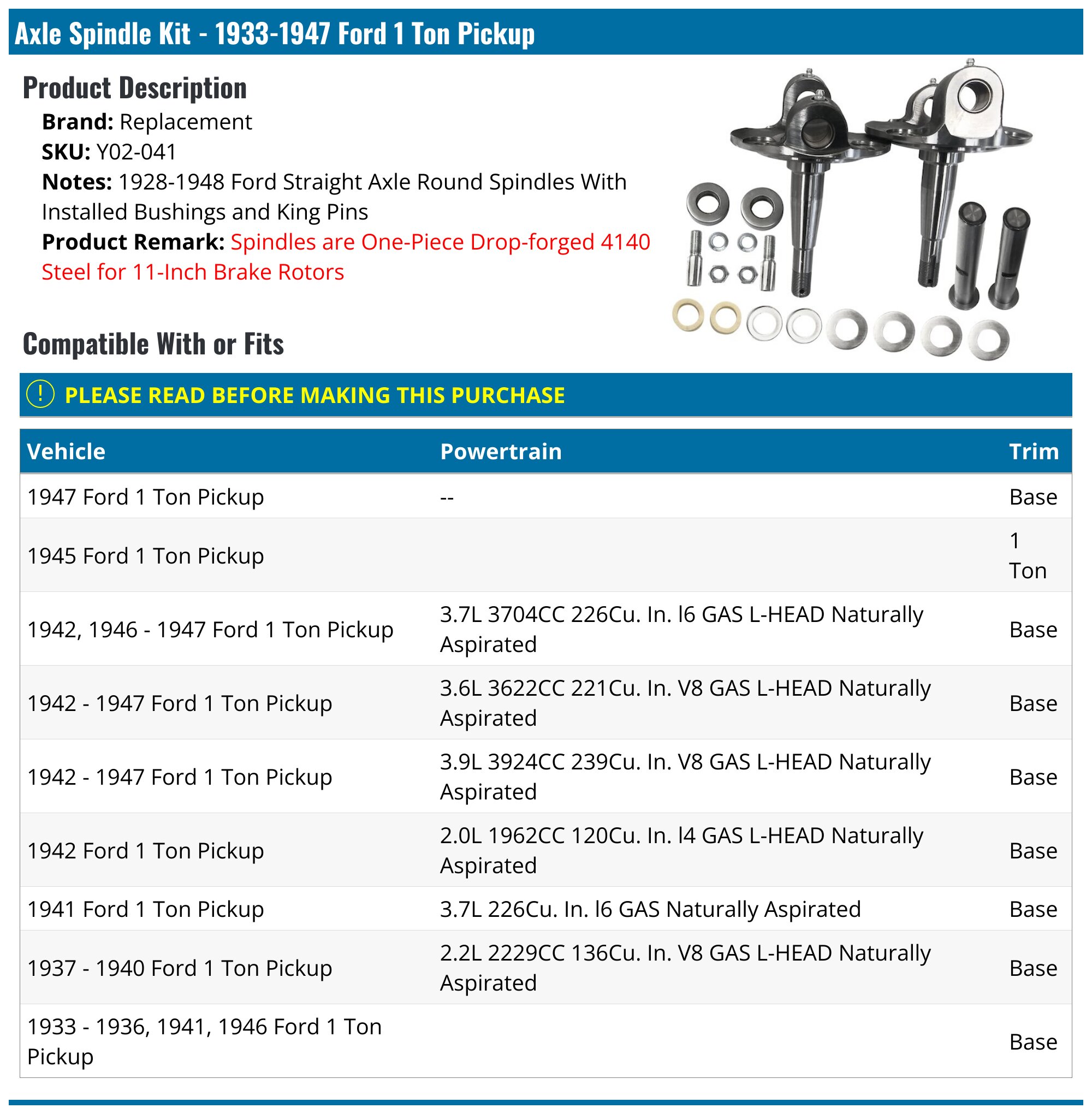 1933-1947 Ford 1 Ton Pickup Axle Spindle - Replacement Y02-041 ...