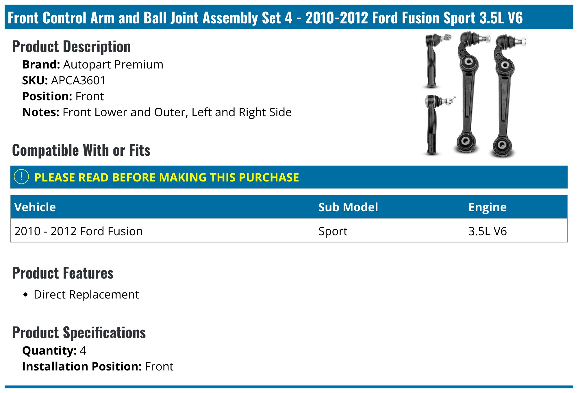 2010-2012 Ford Fusion Control Arm - Autopart Premium APCA3601 - Front ...