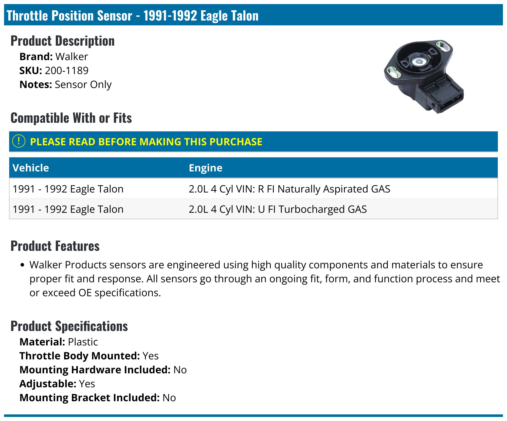 1991-1992 Eagle Talon Throttle Position Sensor - Walker 200-1189 ...