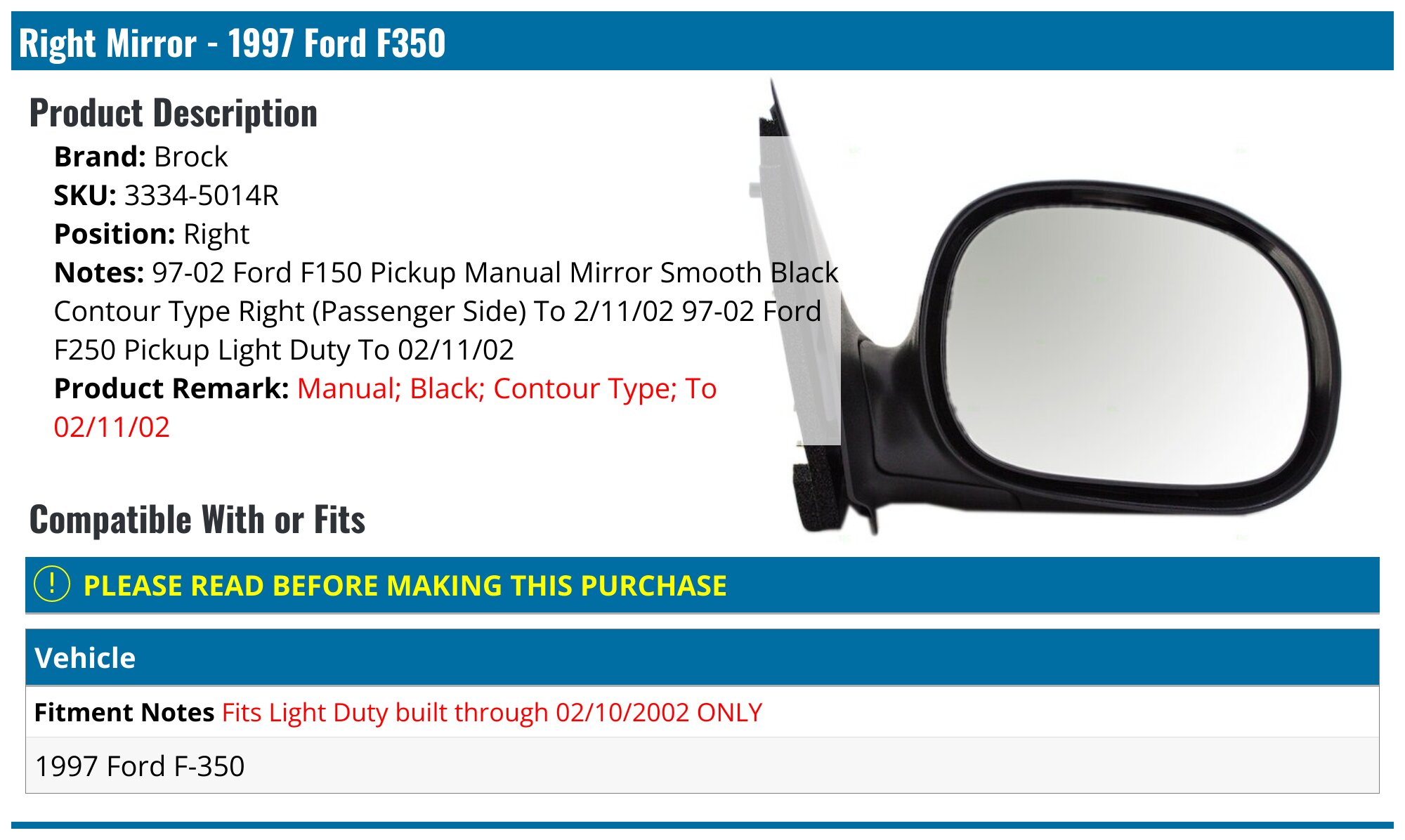1997 Ford F350 Mirror - Brock 3334-5014R - Right - PartsGeek.com