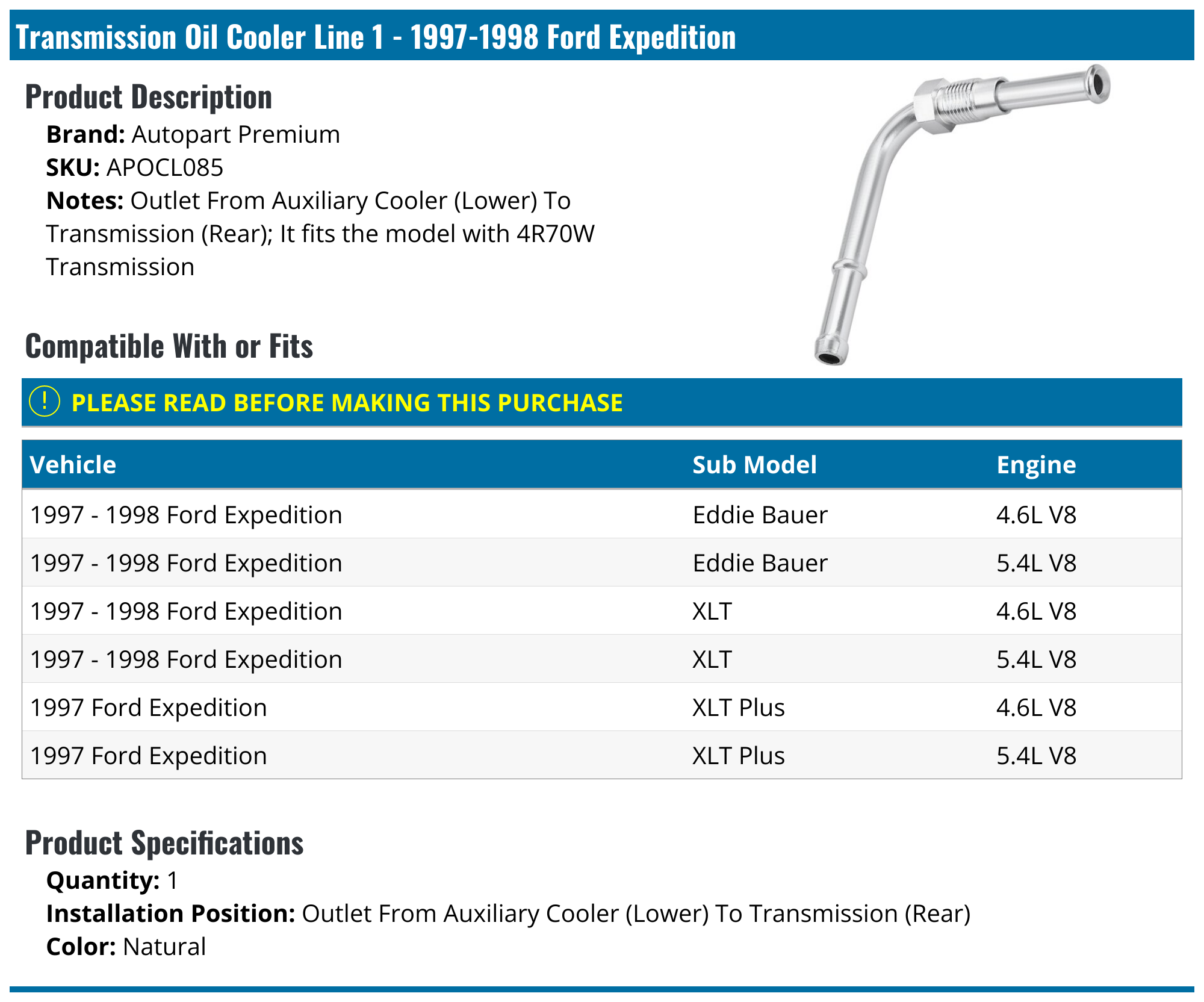 1997-1998 Ford Expedition Transmission Oil Cooler Line - Autopart ...