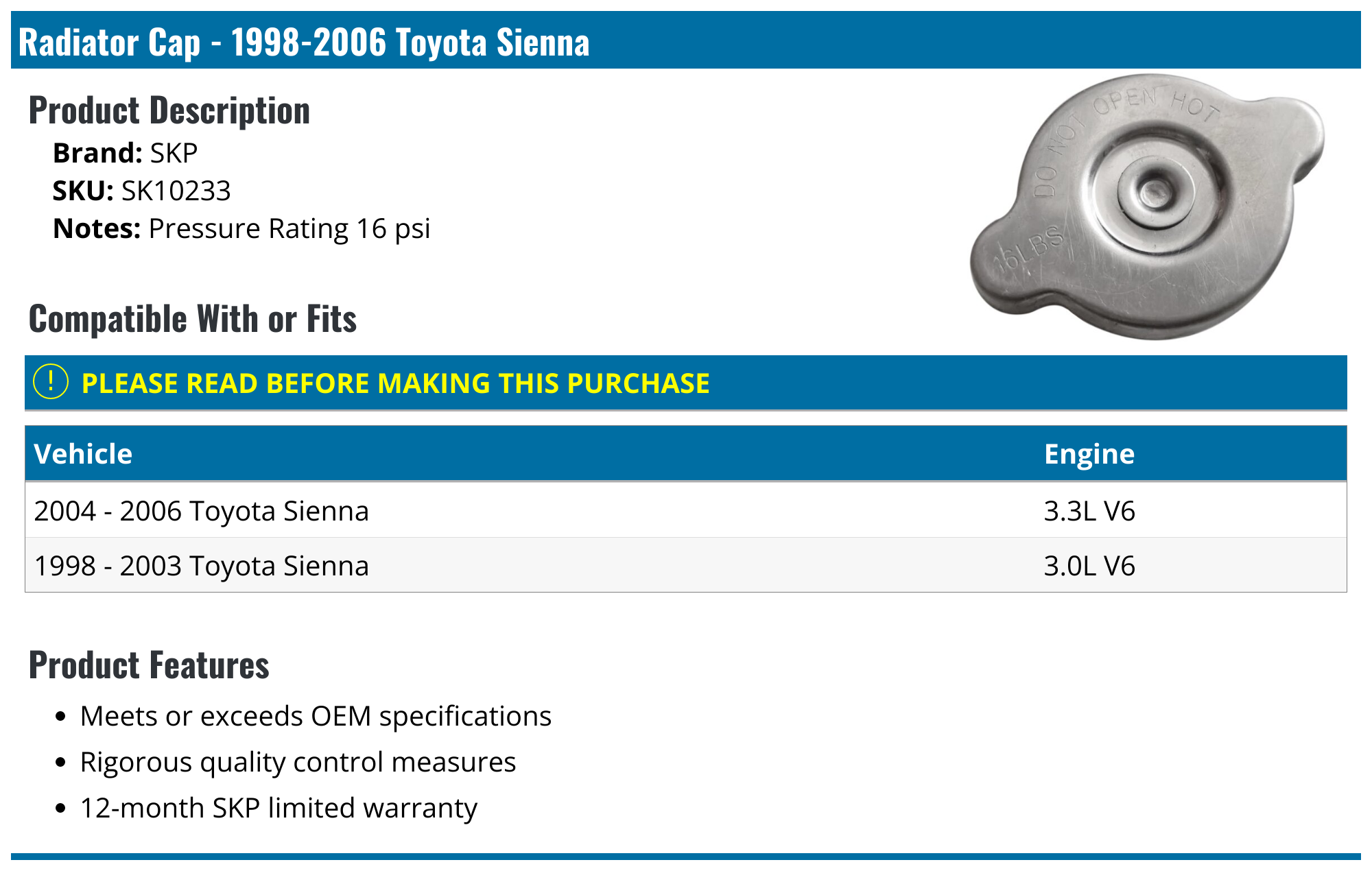 1998-2006 Toyota Sienna Radiator Cap - SKP SK10233 - PartsGeek.com