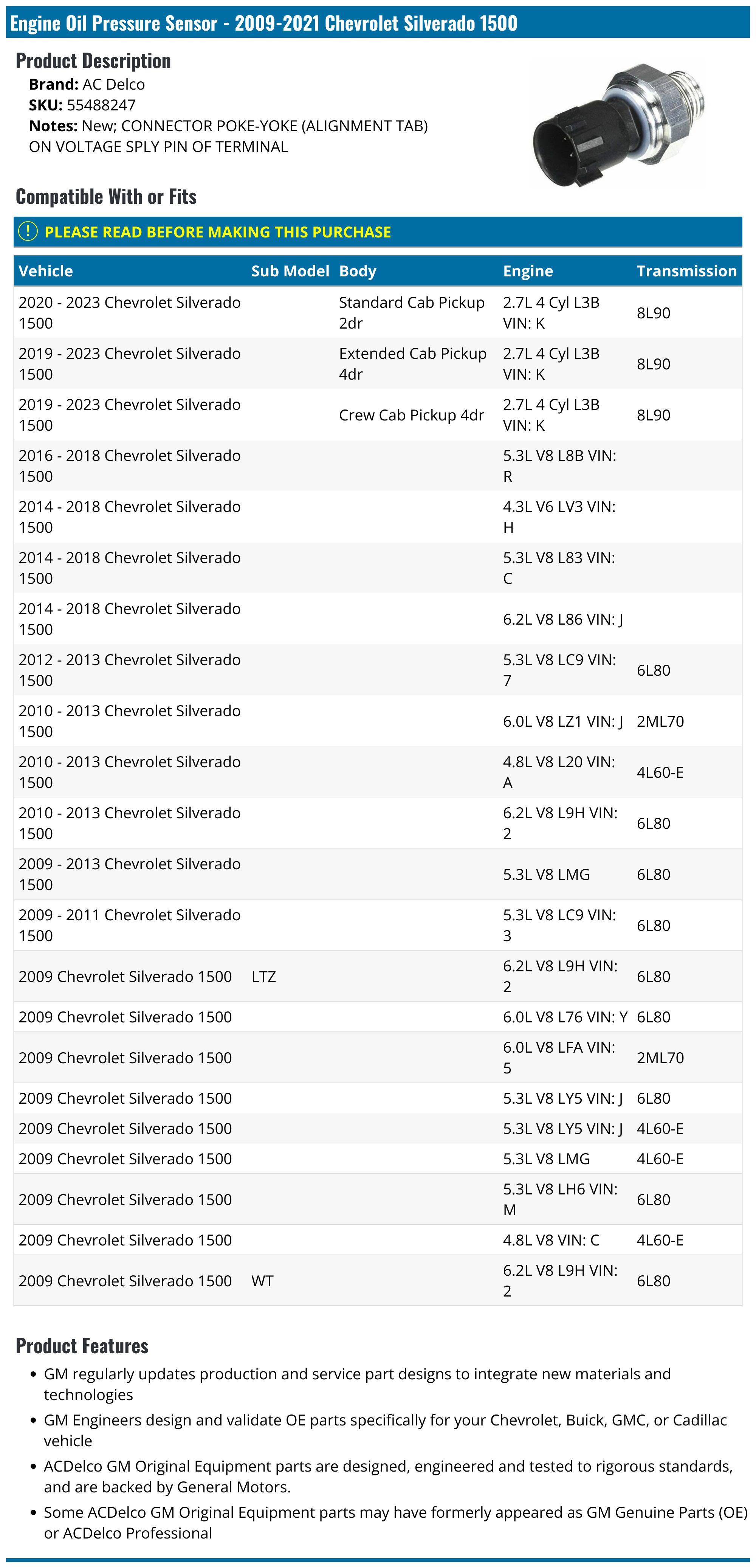 2009-2025 Chevrolet Silverado 1500 Engine Oil Pressure Sensor - AC ...