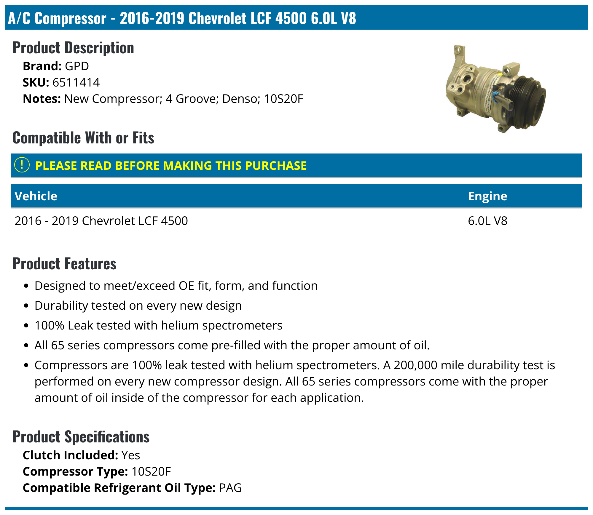 2016-2019 Chevrolet LCF 4500 A/C Compressor - GPD 6511414 - PartsGeek.com