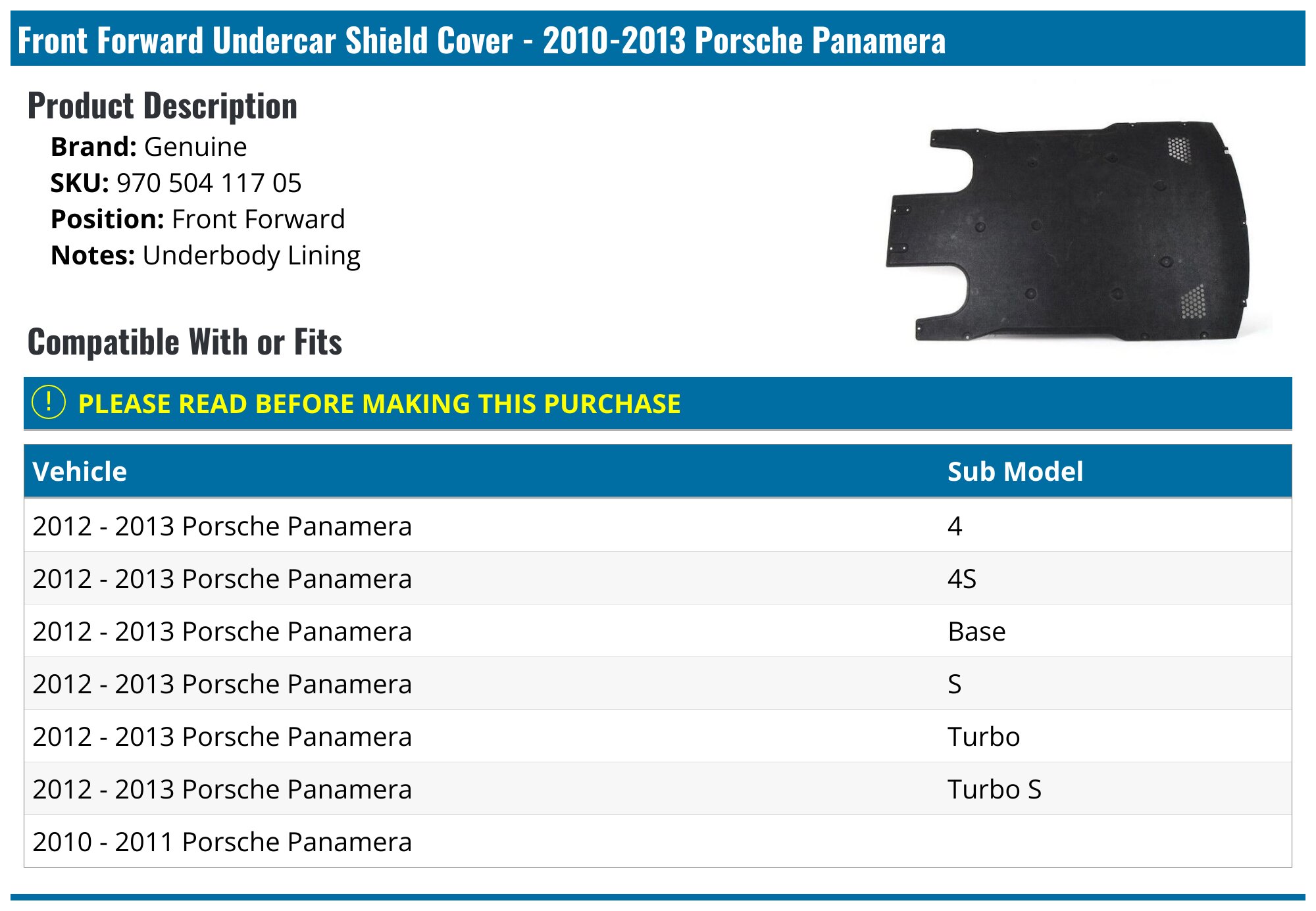 2010-2013 Porsche Panamera Lower Engine Cover - Genuine 970 504 117 05 ...