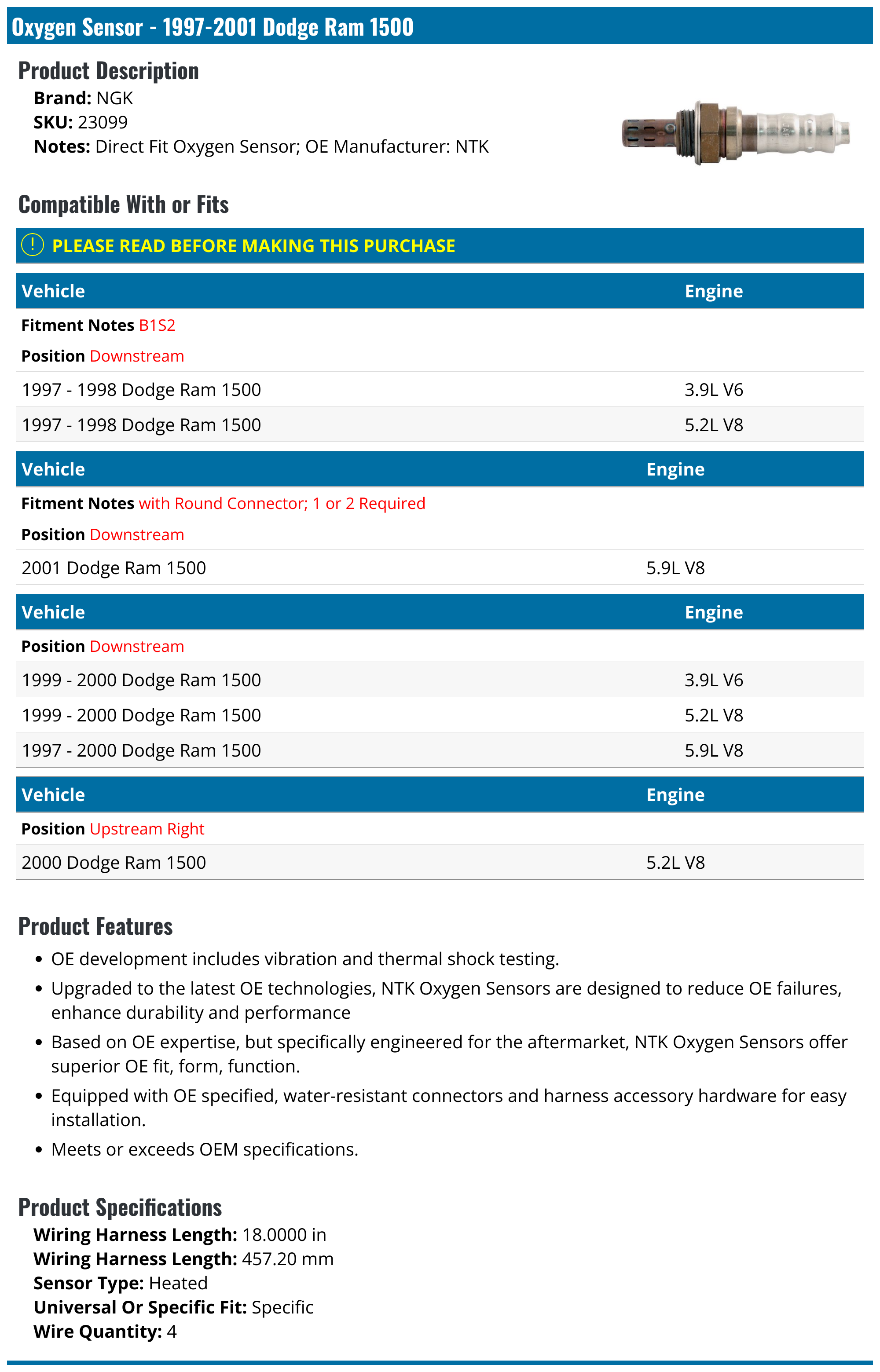 1997-2001 Dodge Ram 1500 Oxygen Sensor - NGK 23099 - Downstream ...