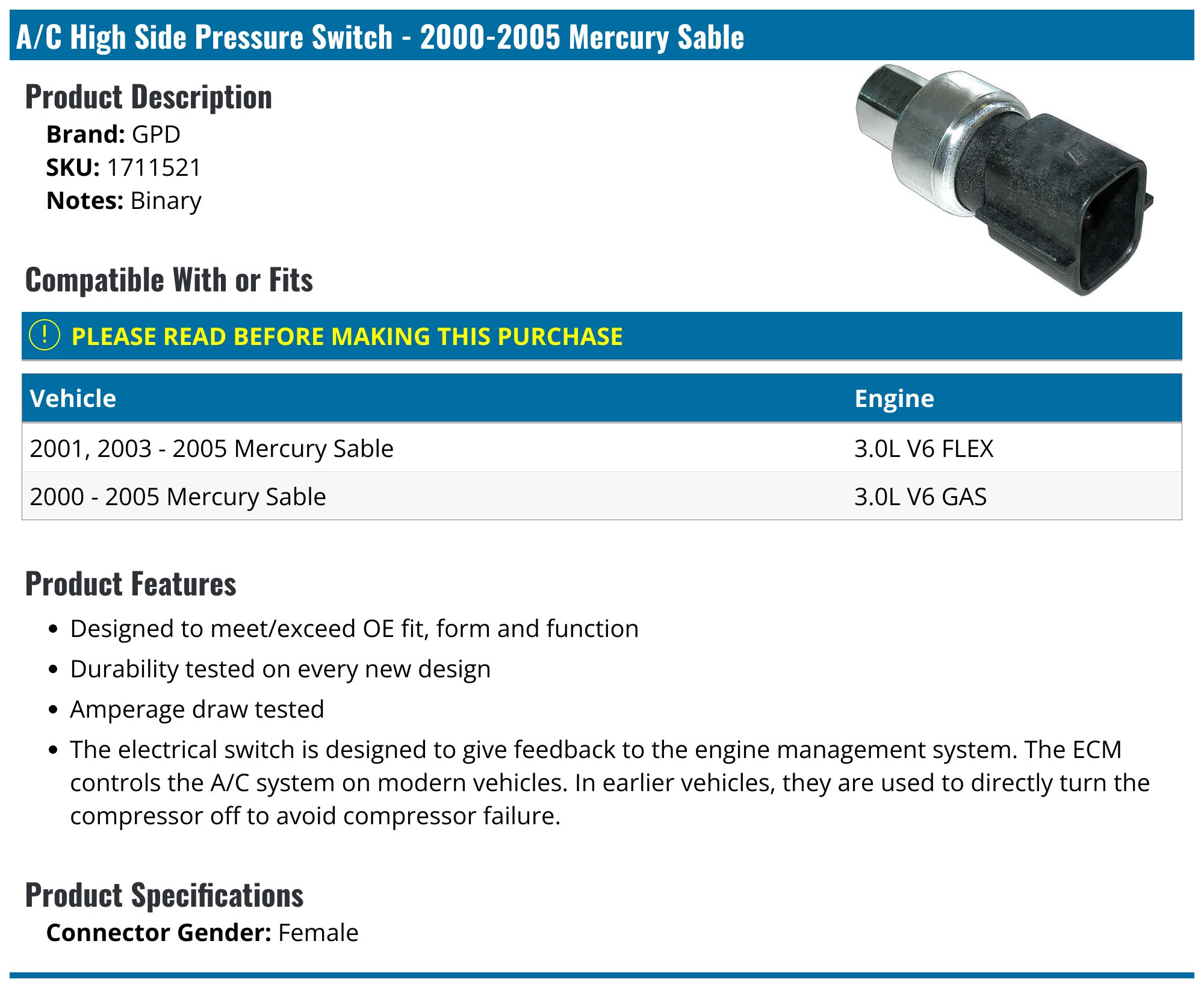 2000-2005 Mercury Sable A/C High Side Pressure Switch - GPD 1711521 ...