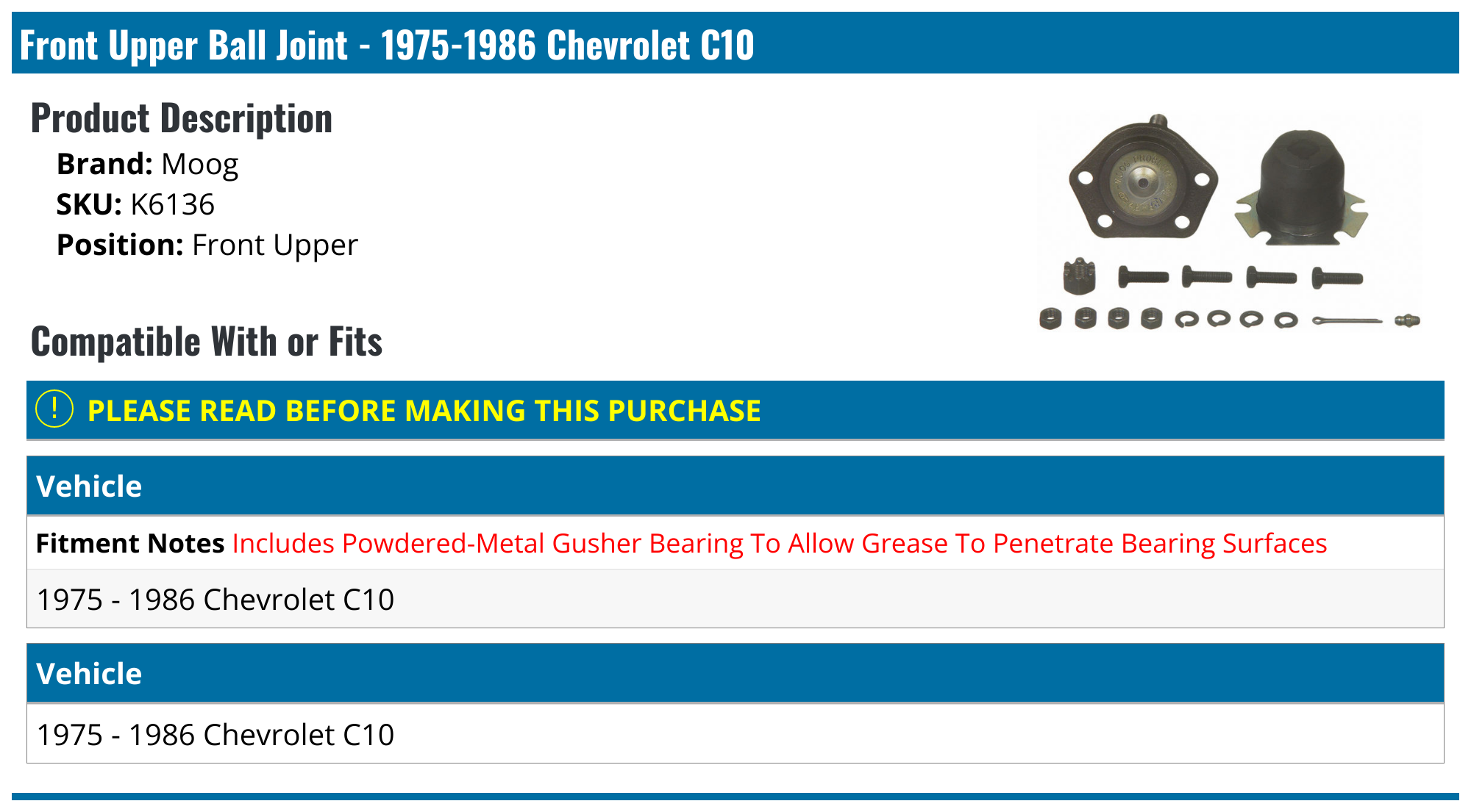 1975-1986 Chevrolet C10 Ball Joint - Moog K6136 - Front Upper ...