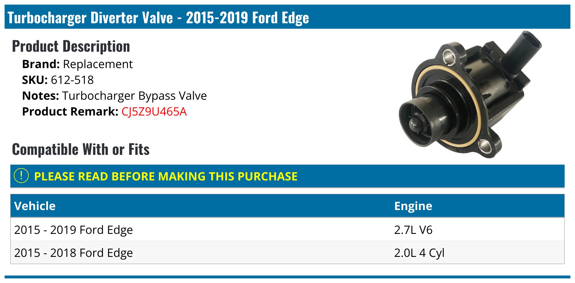 2015-2019 Ford Edge Turbocharger Bypass Valve - Replacement 612-518 ...