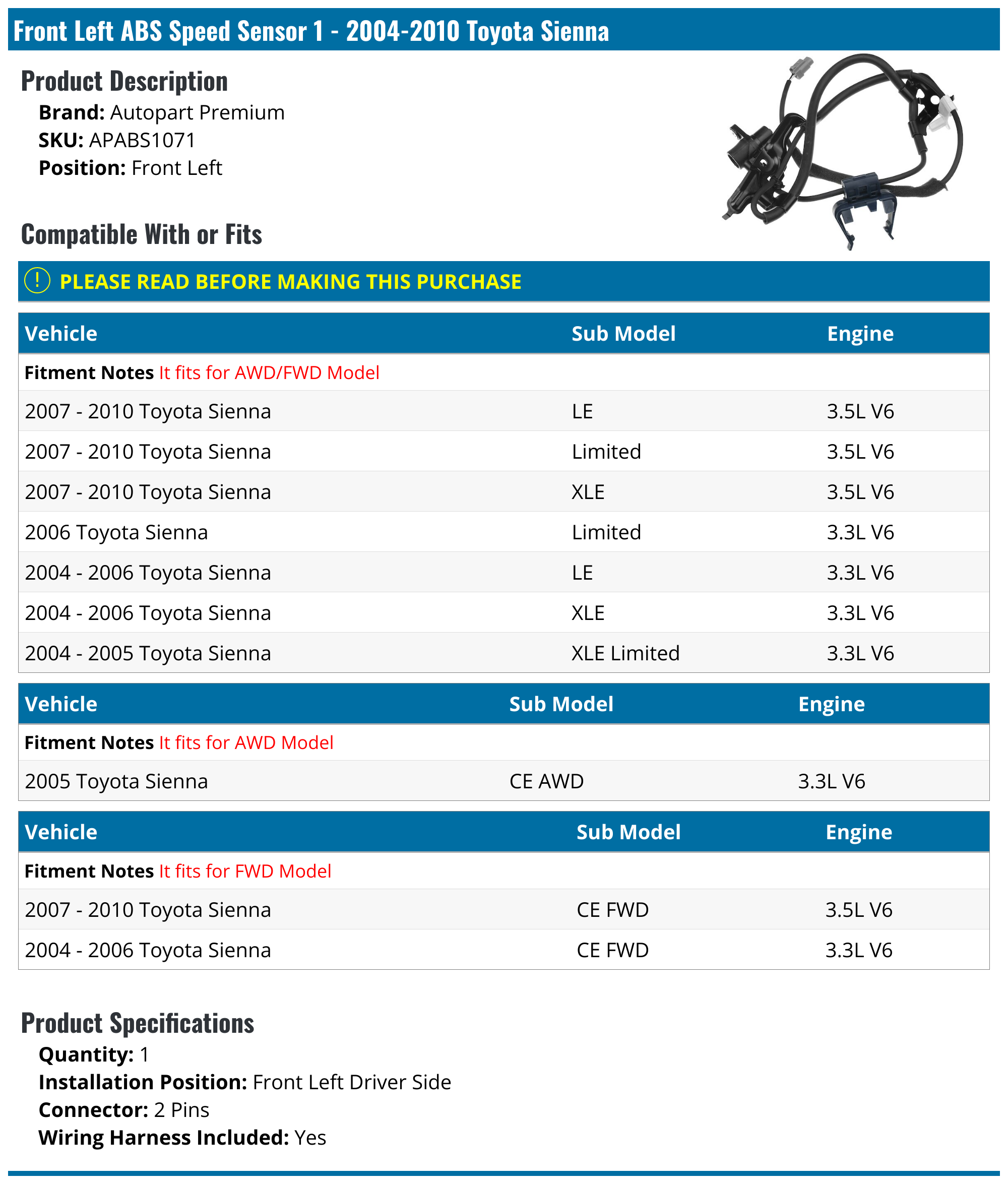 2004-2010 Toyota Sienna ABS Speed Sensor - Autopart Premium APABS1071 ...