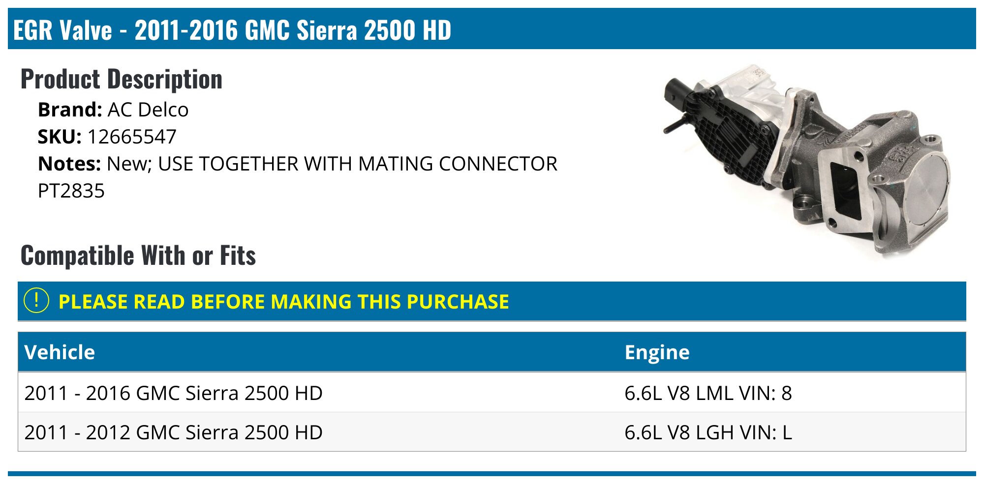 2011-2016 GMC Sierra 2500 HD EGR Valve - AC Delco 12665547 - PartsGeek.com