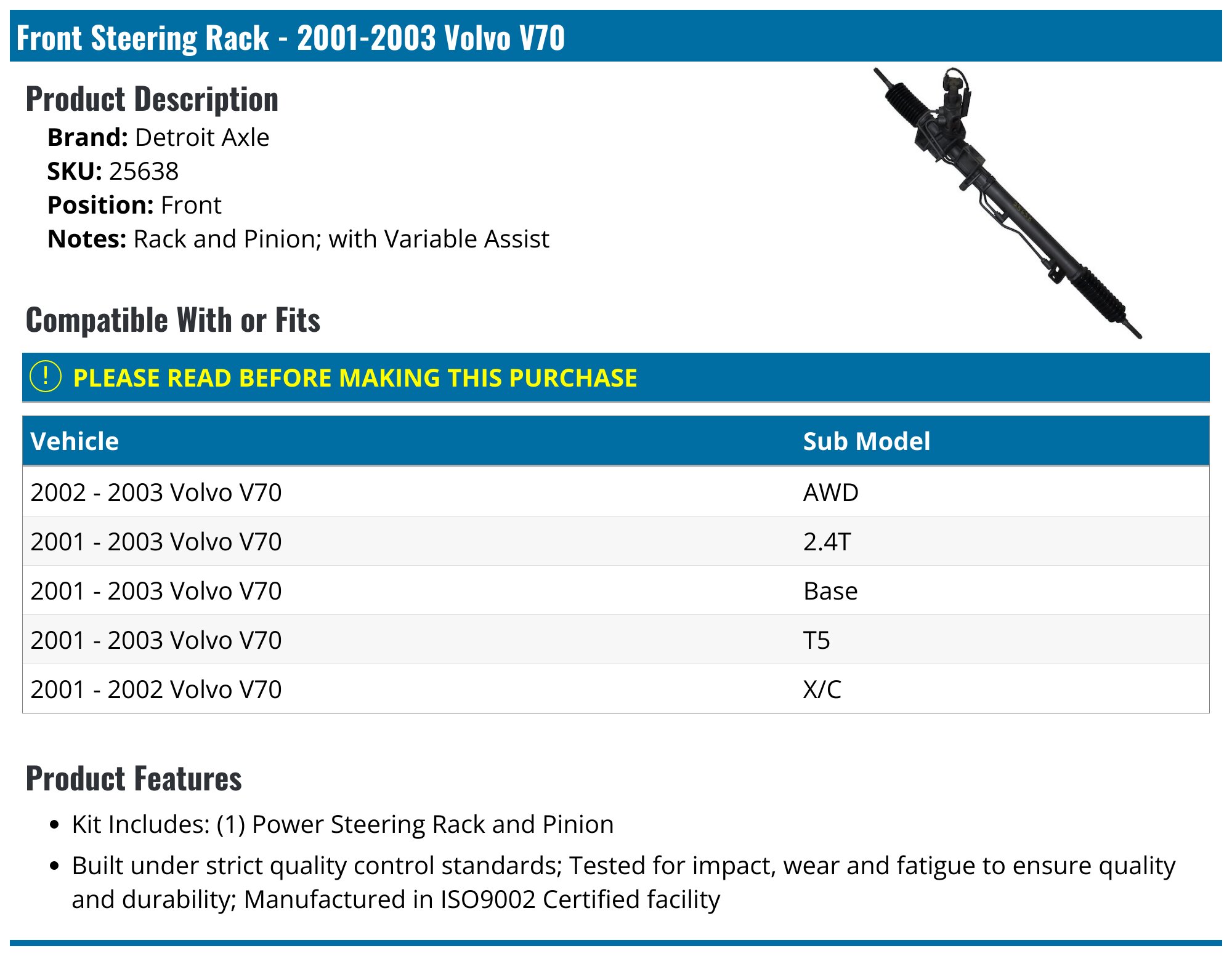 2001-2003 Volvo V70 Steering Rack - Detroit Axle 25638 - Front ...