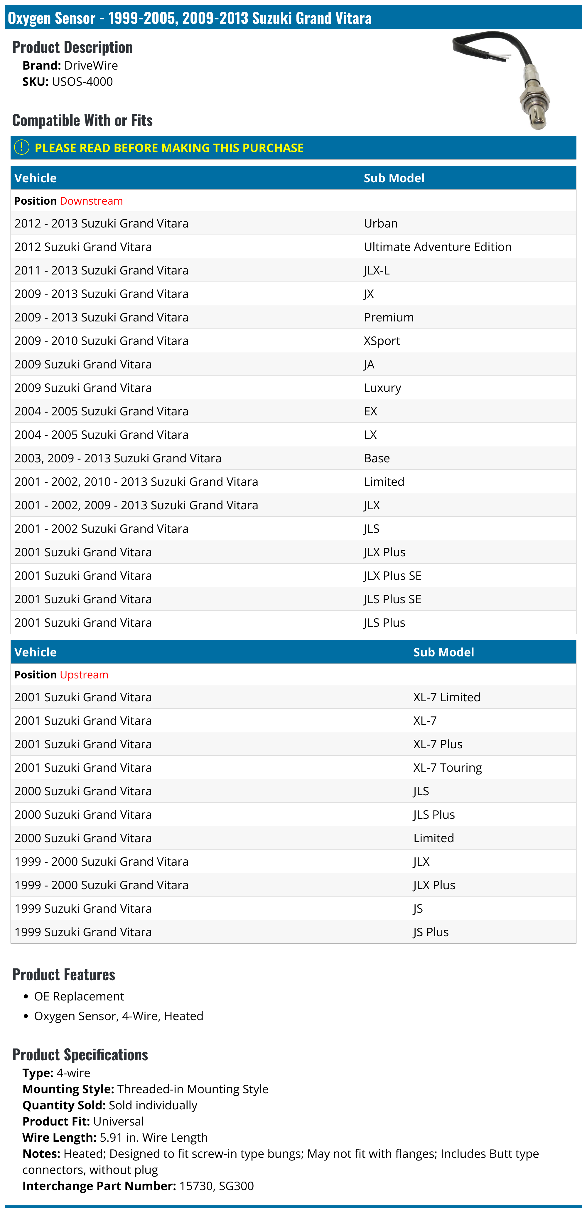 1999-2005, 2009-2013 Suzuki Grand Vitara Oxygen Sensor - DriveWire USOS ...