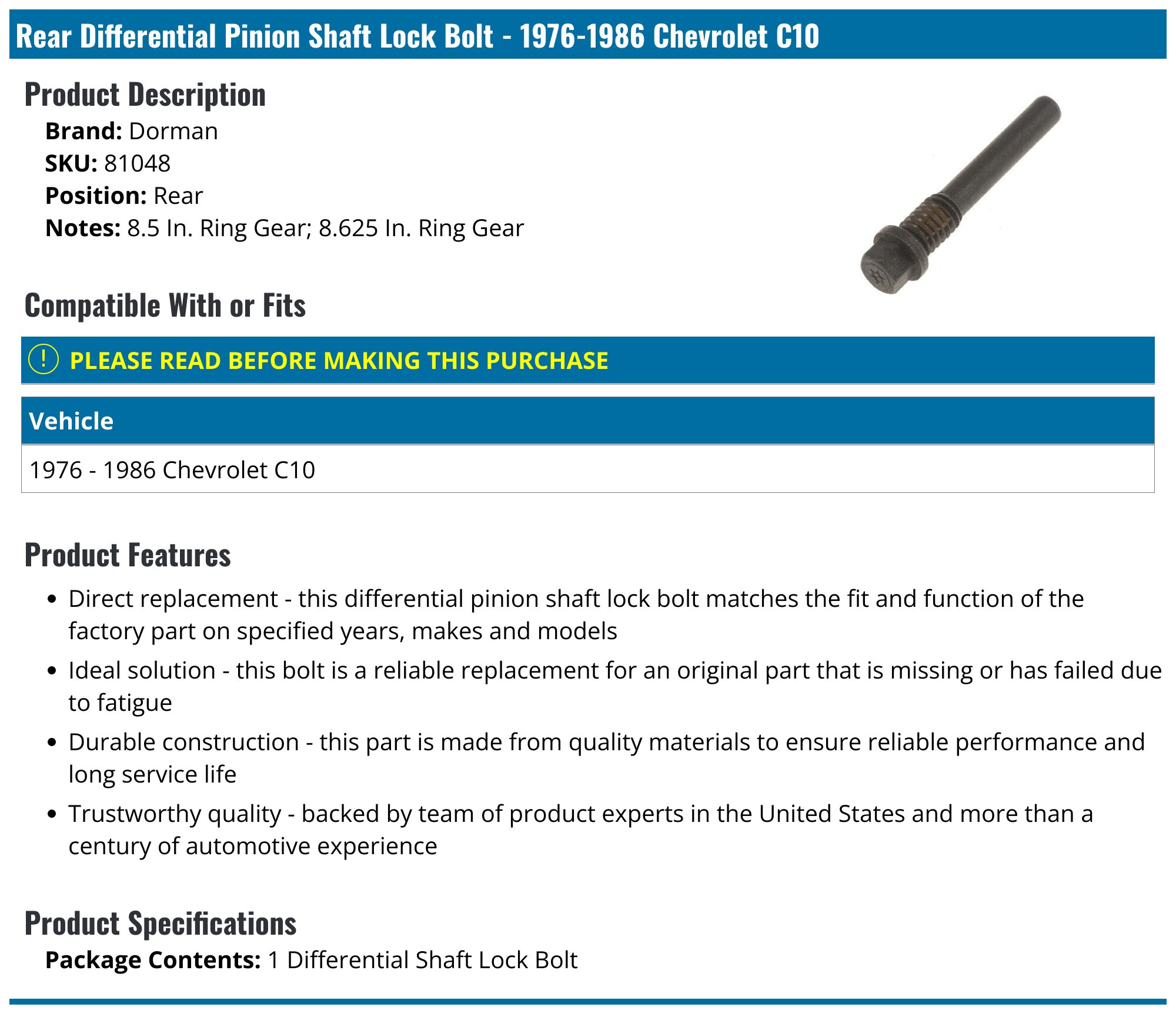 1976-1986 Chevrolet C10 Differential Pinion Shaft Lock Bolt - Dorman ...