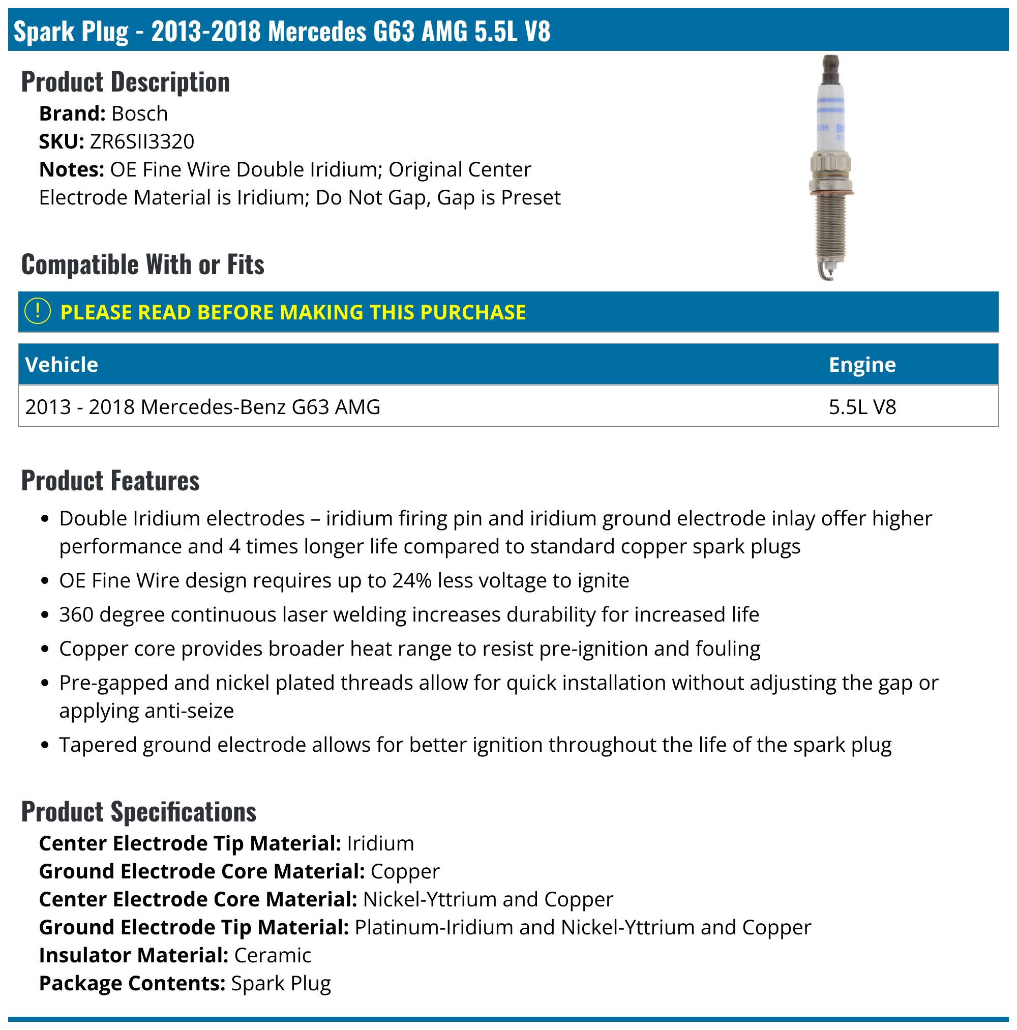 2013-2018 Mercedes G63 AMG Spark Plug - Bosch ZR6SII3320 - PartsGeek.com