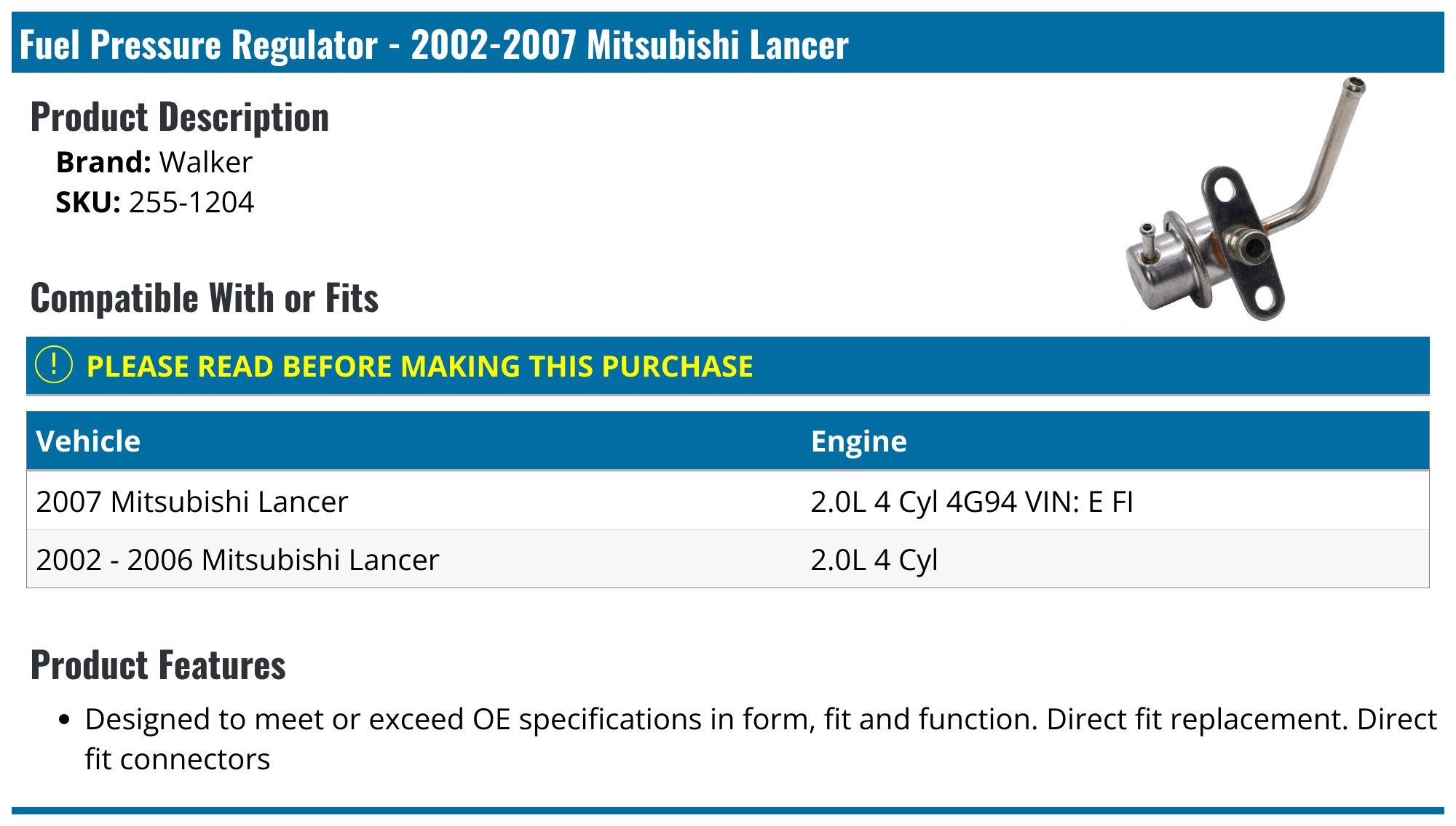 2002-2007 Mitsubishi Lancer Fuel Pressure Regulator - Walker 255-1204 ...