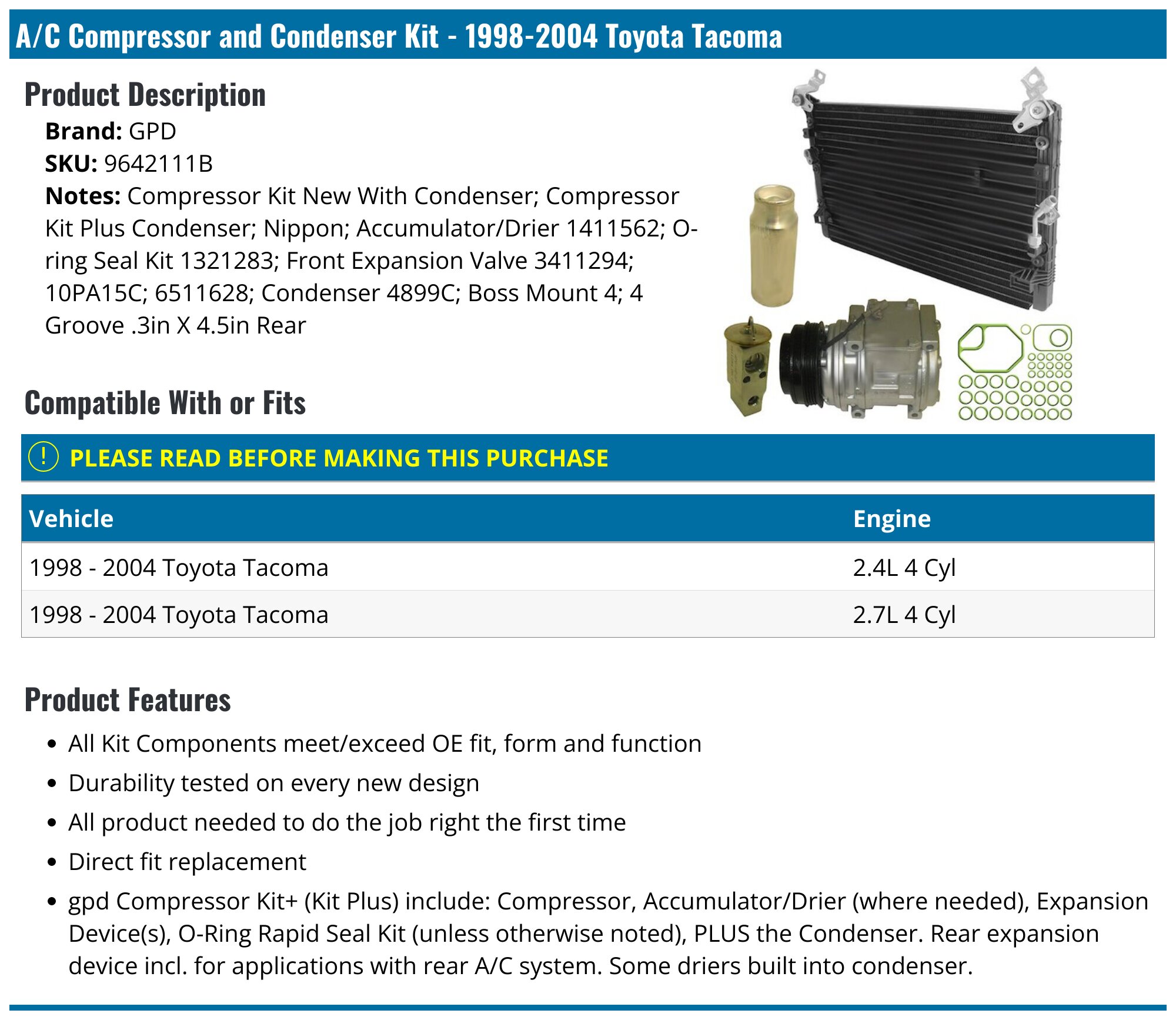 1998-2004 Toyota Tacoma A/C Compressor - GPD 9642111B - PartsGeek.com