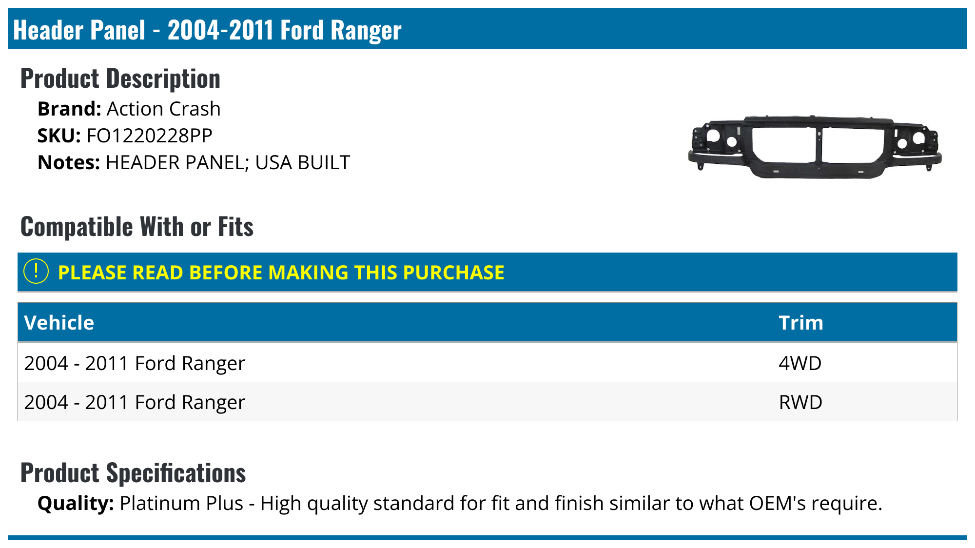 2004-2011 Ford Ranger Header Panel - Action Crash FO1220228PP ...