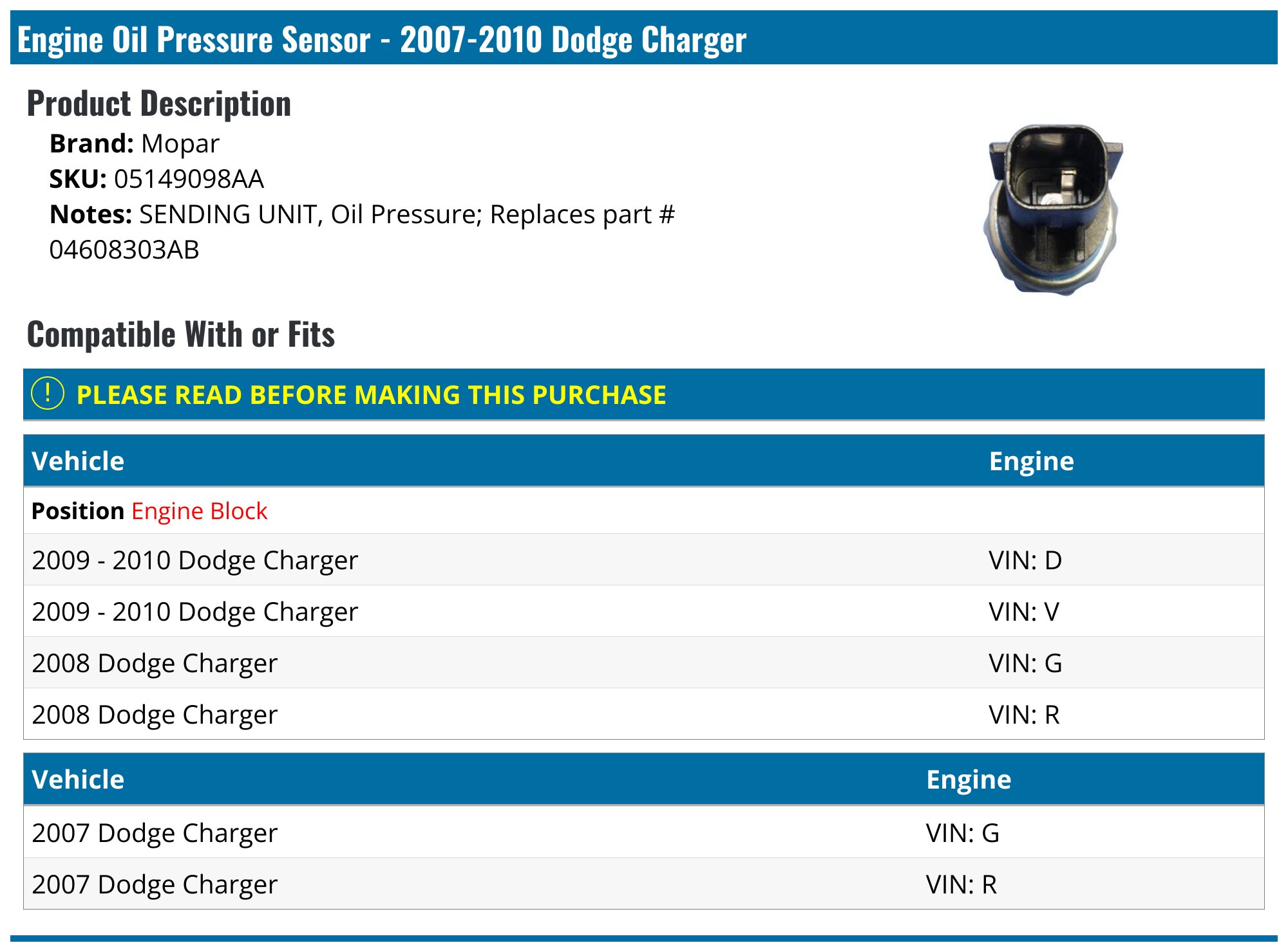 2008-2010 Dodge Charger Engine Oil Pressure Sensor - Mopar 05149098AA ...