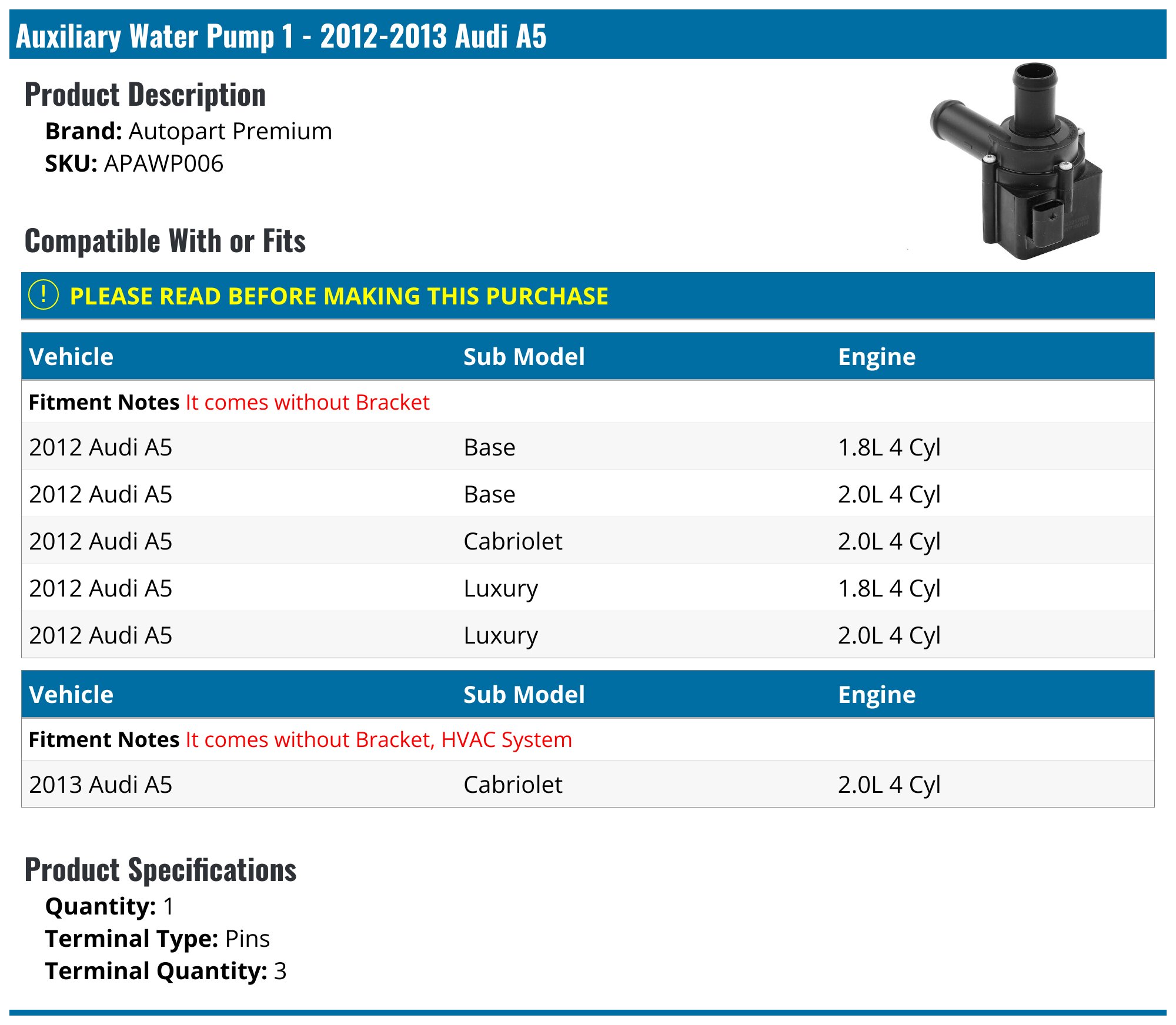 2012-2013 Audi A5 Water Pump - Autopart Premium APAWP006 - PartsGeek.com