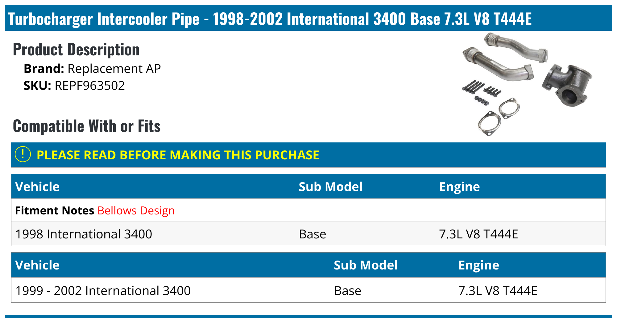 1998-2002 International 3400 Turbocharger Intercooler Hose ...