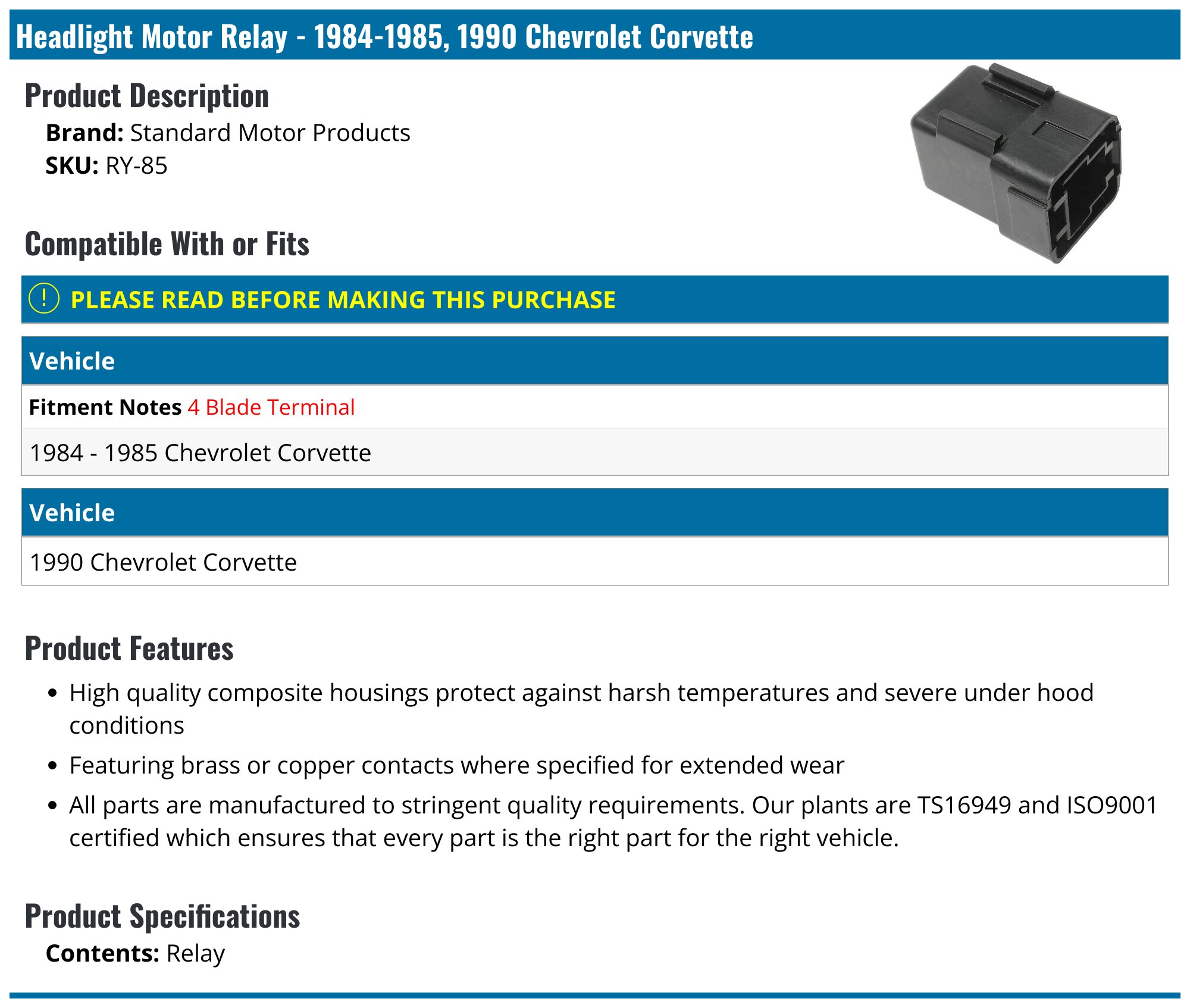 1984-1985, 1990 Chevrolet Corvette Headlight Motor Relay - Standard ...