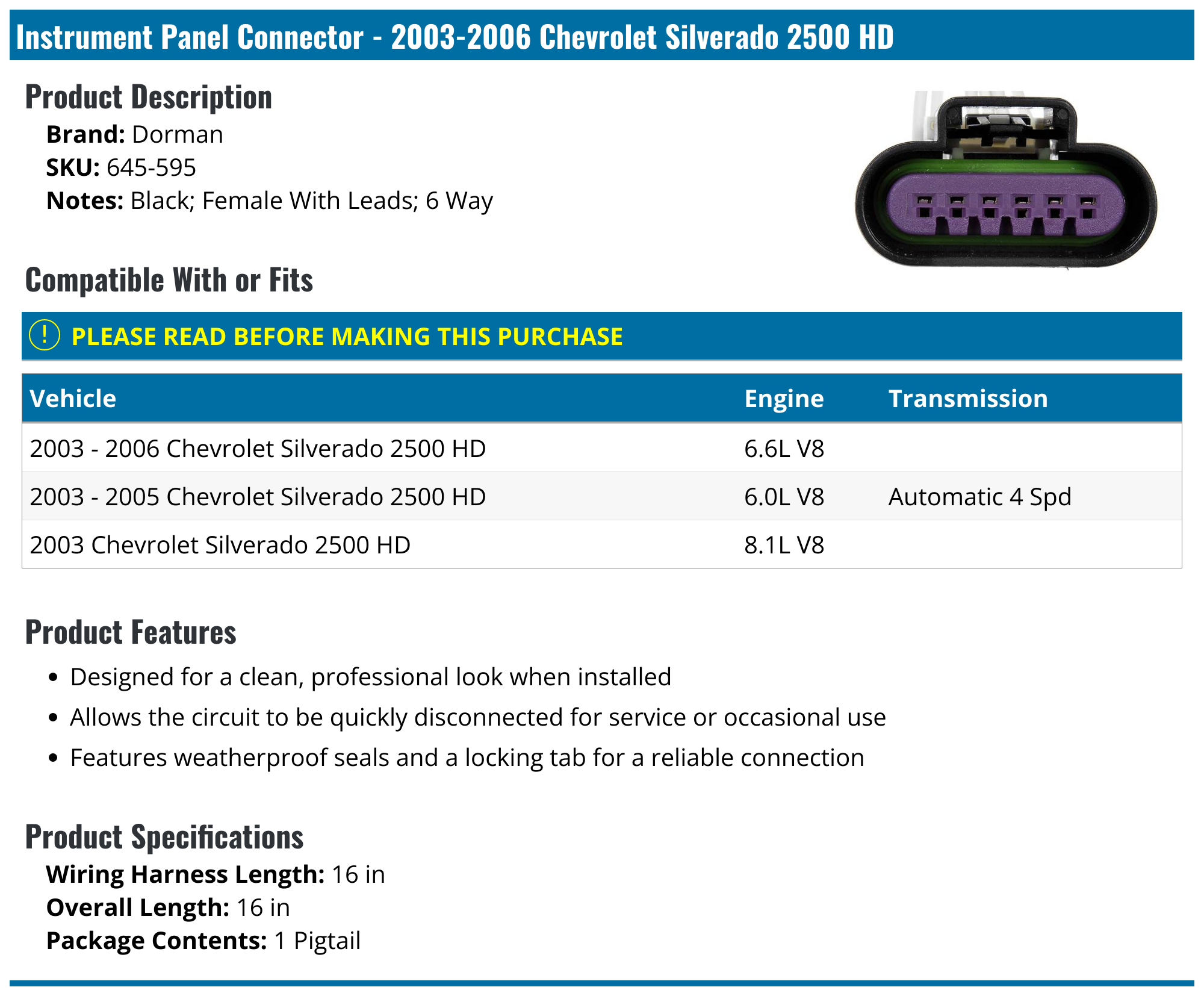 2003-2006 Chevrolet Silverado 2500 HD Instrument Panel Connector ...