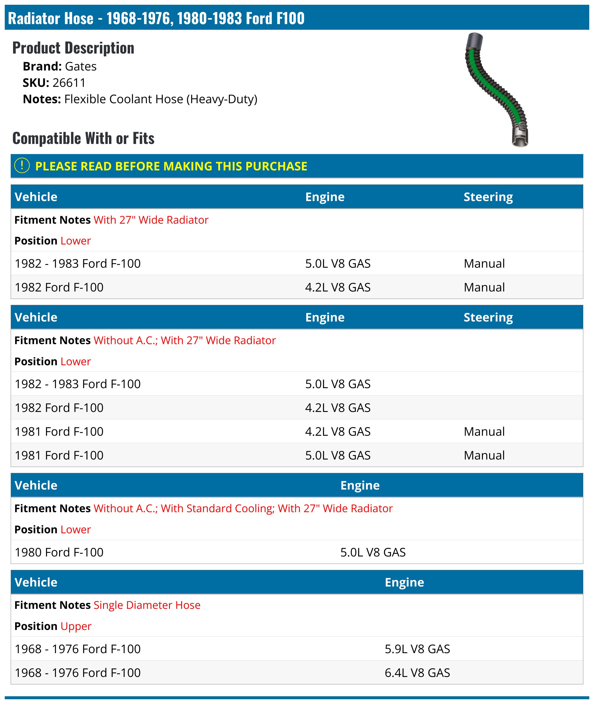 1968-1976, 1980-1982 Ford F100 Radiator Hose - Gates 26611 - Upper ...