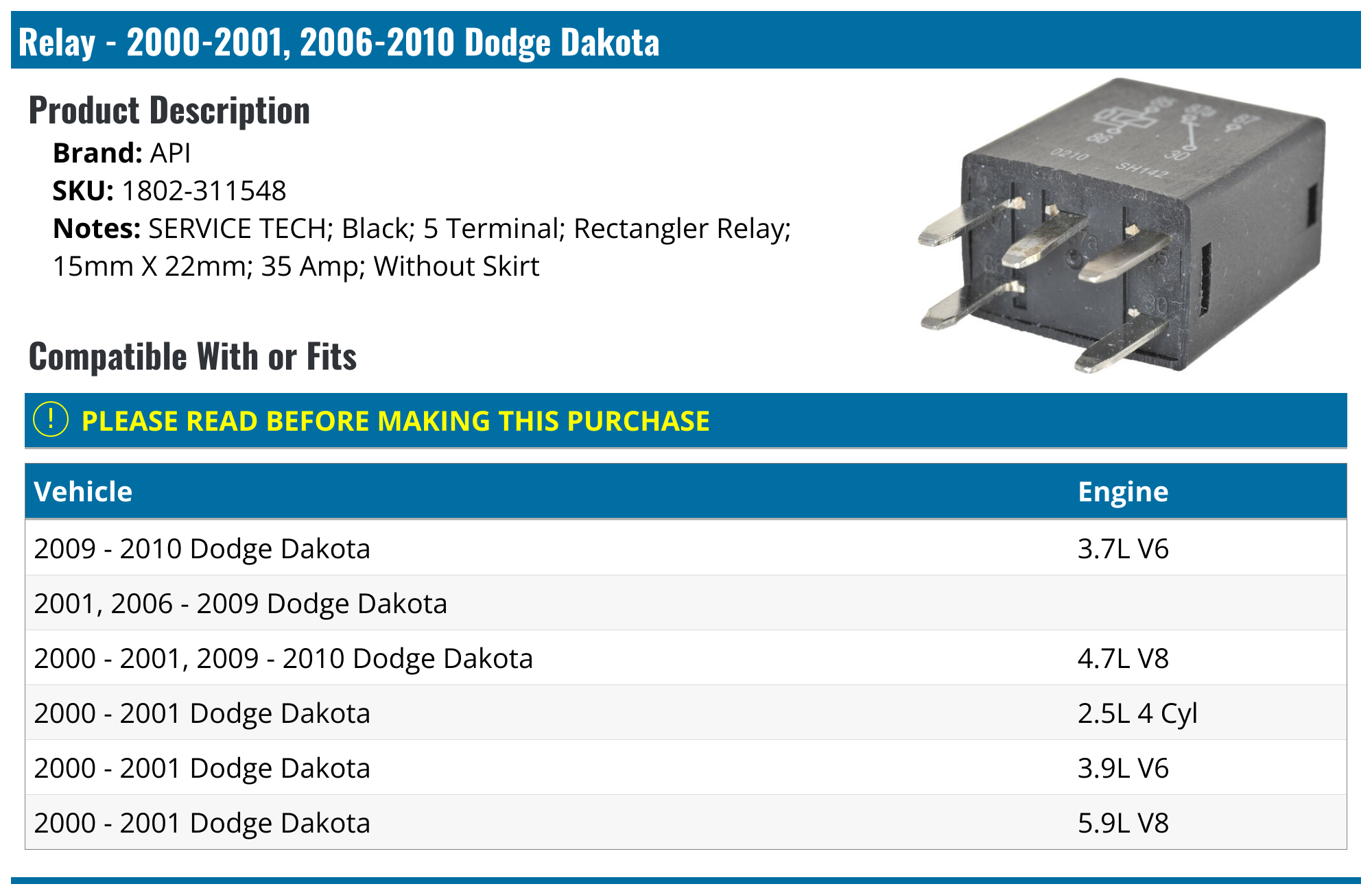 2000-2001, 2006-2010 Dodge Dakota Relay - API 1843-07588095 - PartsGeek.com