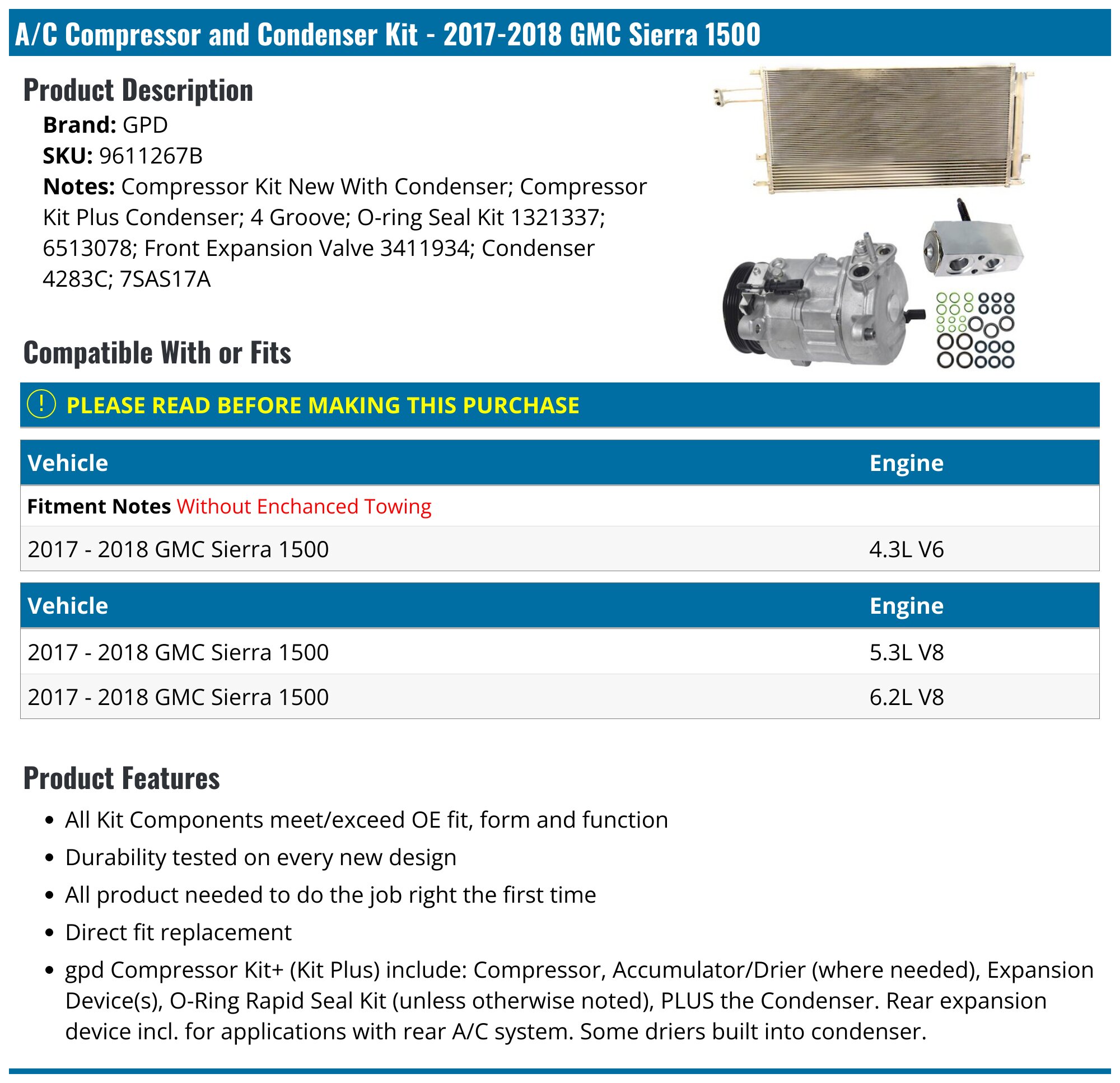 2017-2018 GMC Sierra 1500 A/C Compressor - GPD 9611267B - PartsGeek.com