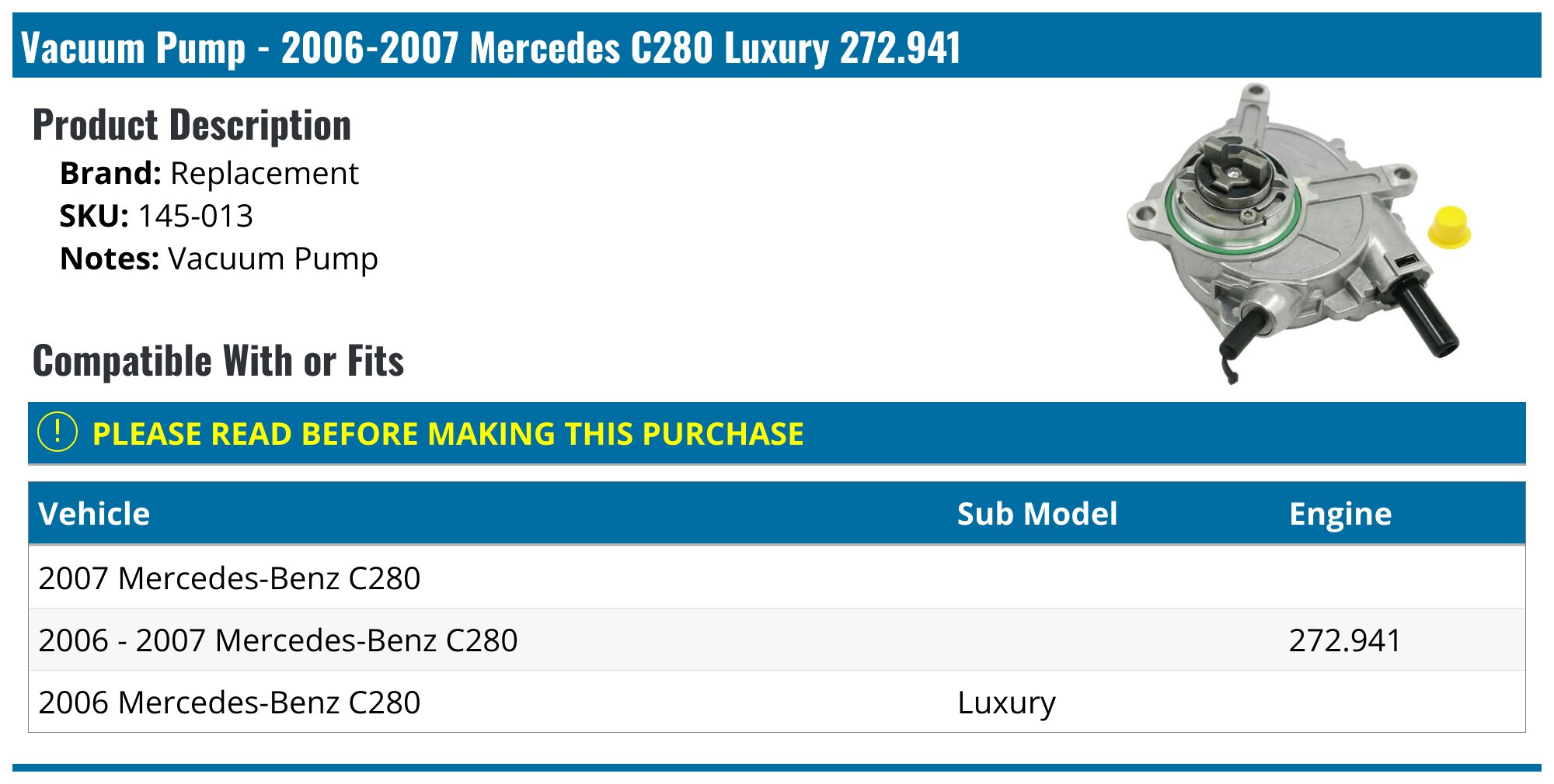 2006-2007 Mercedes C280 Vacuum Pump - Replacement 145-013 - PartsGeek.com