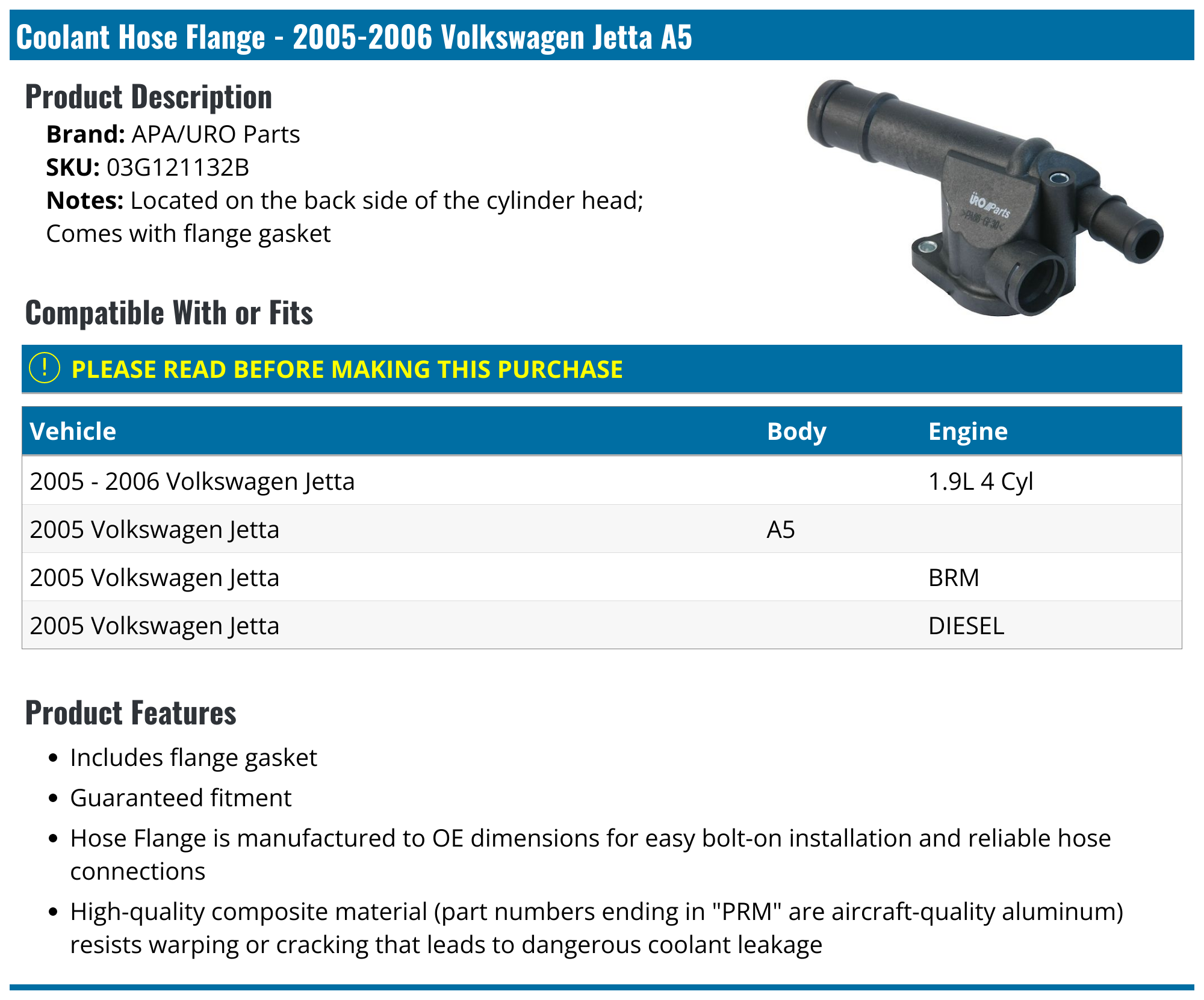 2005-2006 Volkswagen Jetta Coolant Hose Flange - APA/URO Parts ...